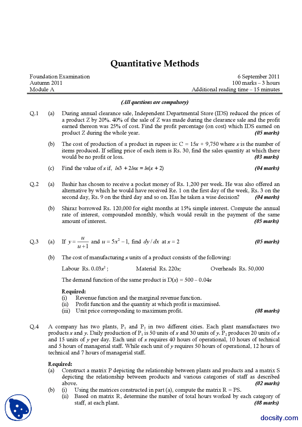 Basic Quantitative Methods Part 10 Quantitative Methods Exam Paper