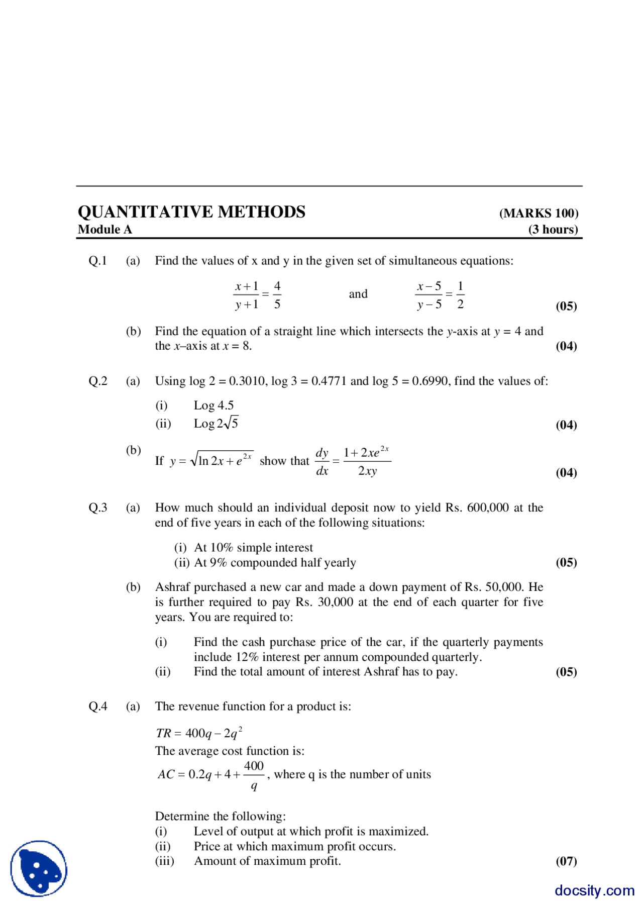 Basic Quantitative Methods Part 3 Quantitative Methods Exam Paper Docsity