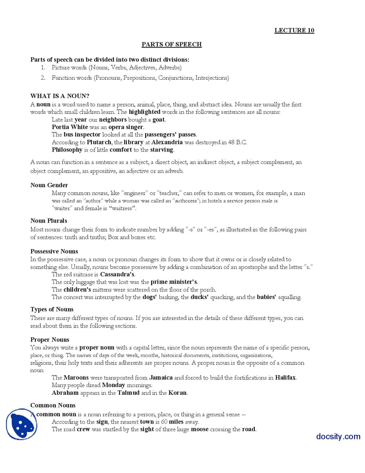 Part Of Speech Journalistic Writing Lecture Handout Docsity