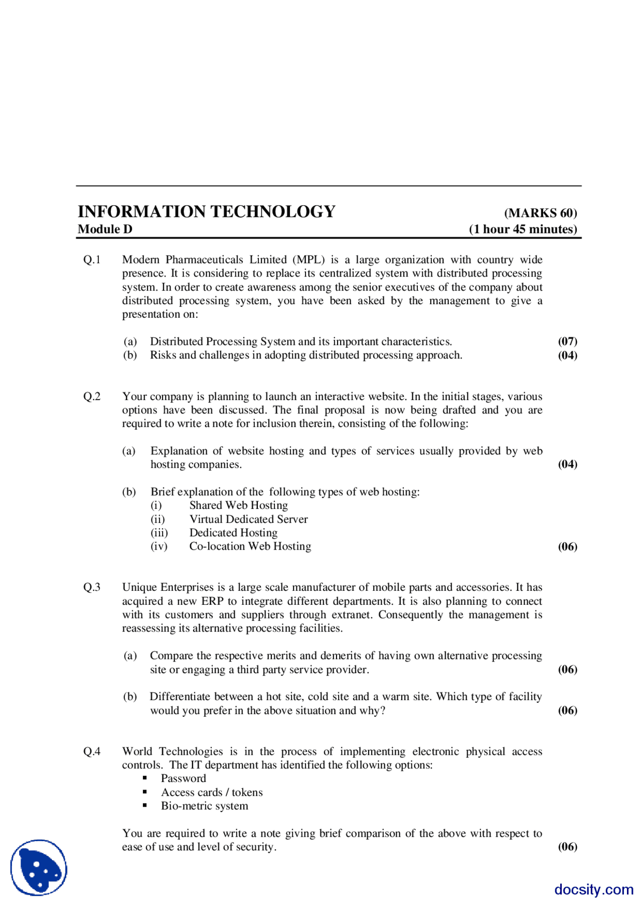 Distributed Processing System-Information Technology-Exam Paper | Exams ...