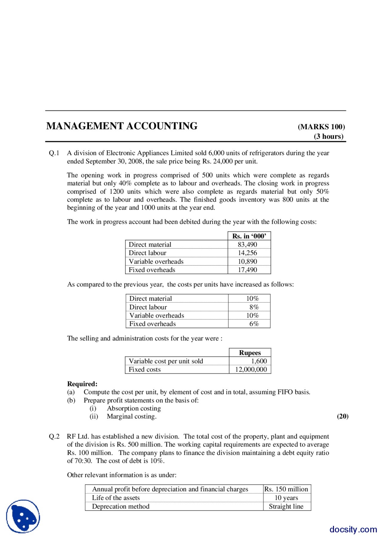 Annual Sales Projections Part 3 Managment Accounting Exam Paper Docsity