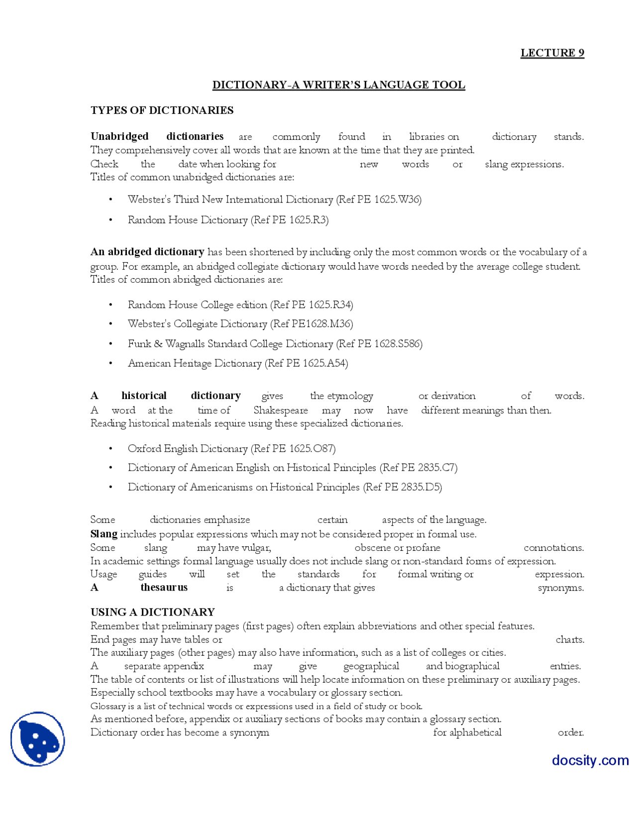 Dictionary Journalistic Writing Lecture Handout Docsity