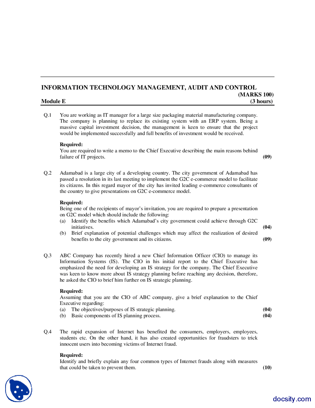 It Manager Ii Information Technology Exam Paper Docsity