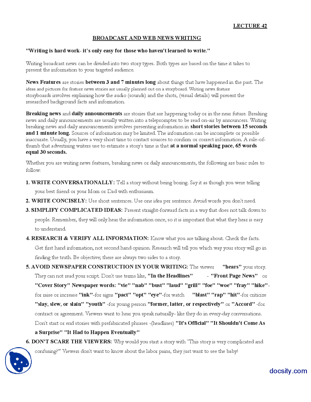 Brodcast And Web News Writing Journalistic Writing Lecture Handout