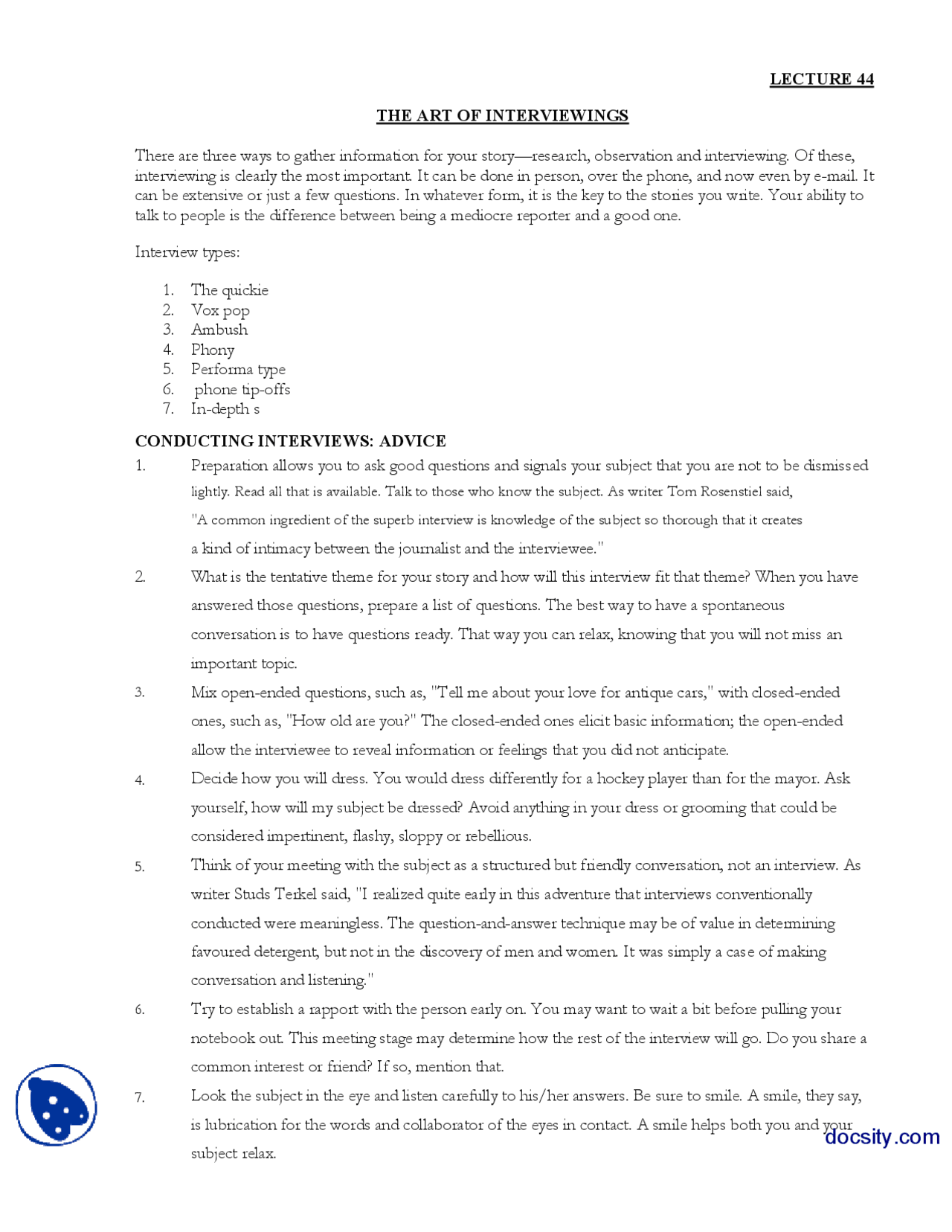 The Art Of Interviewing Journalistic Writing Lecture Handout Docsity