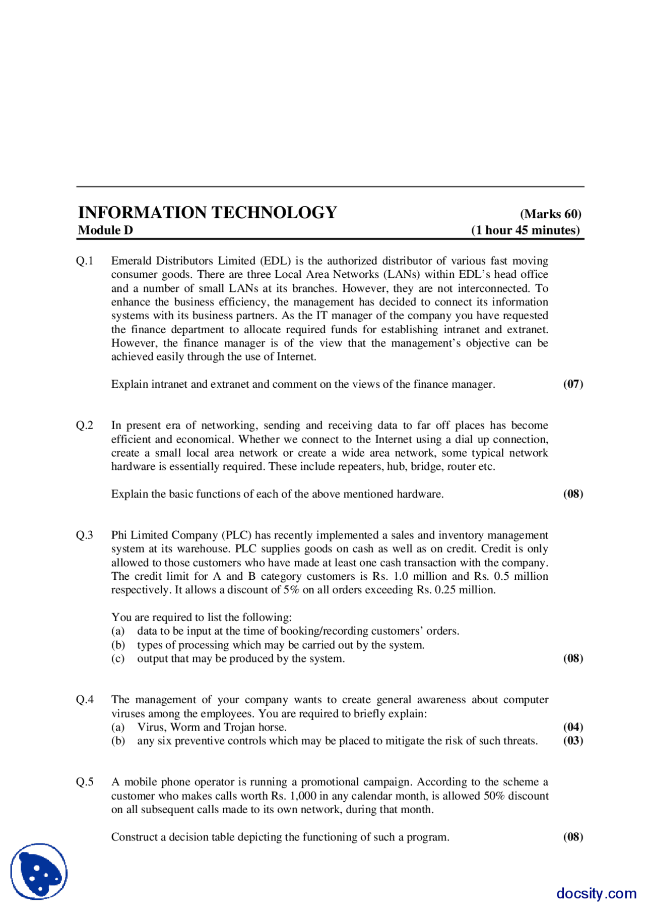 IT Module D Exam Questions: Intranet, Extranet, Network Hardware, Data Processing, Viruses ...