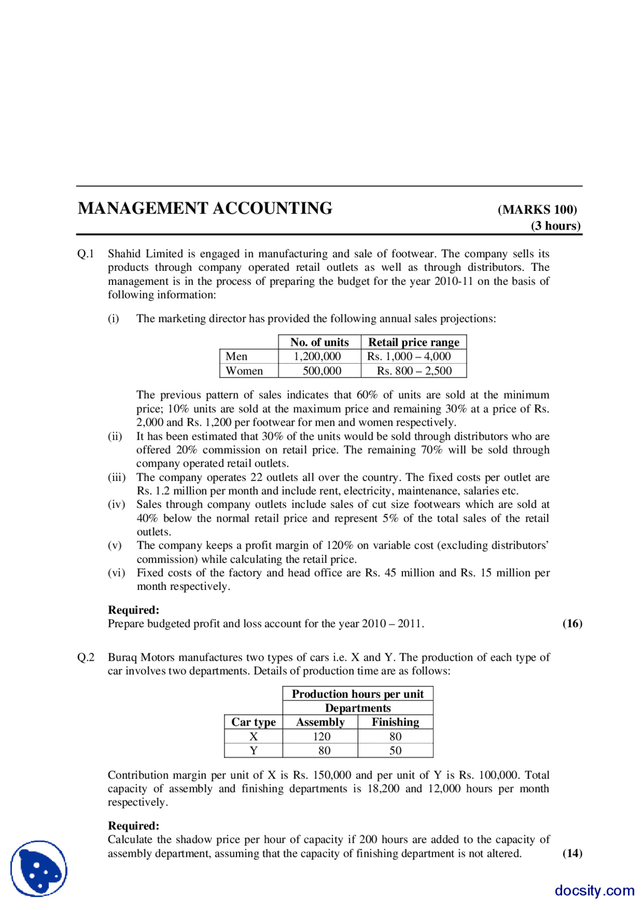 Annual Sales Projections Part 1 Managment Accounting Exam Paper Docsity