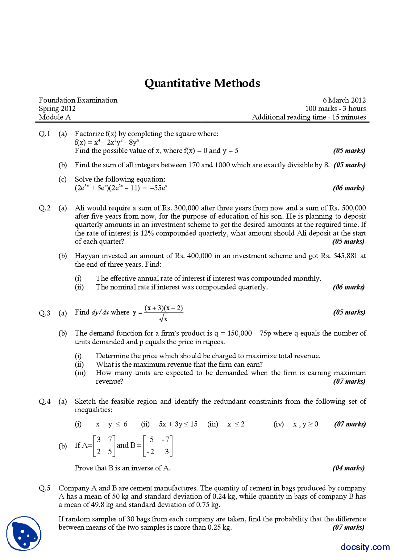 Basic Quantitative Methods Part 11 Quantitative Methods Exam Paper
