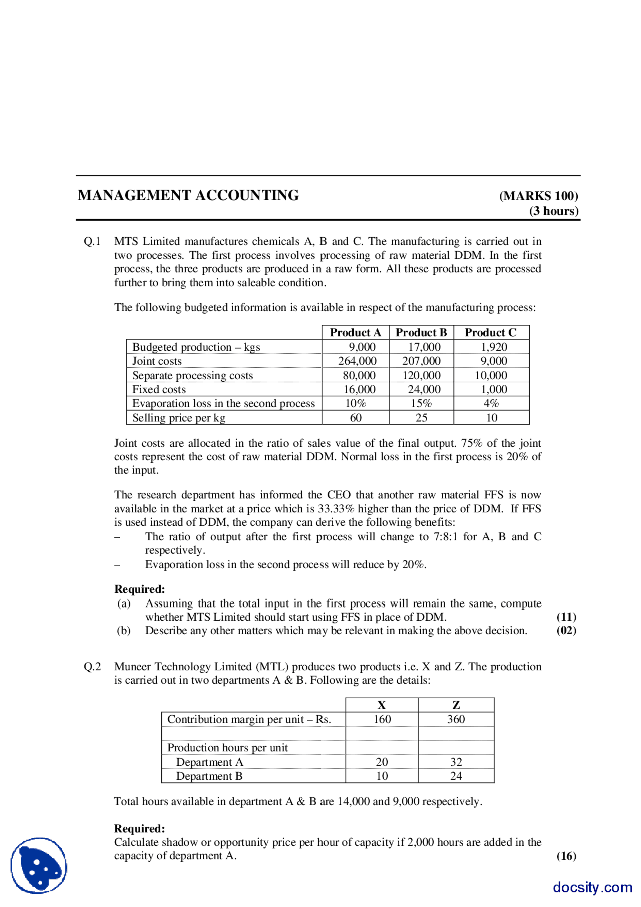 Annual Sales Projections Part 4 Managment Accounting Exam Paper Docsity