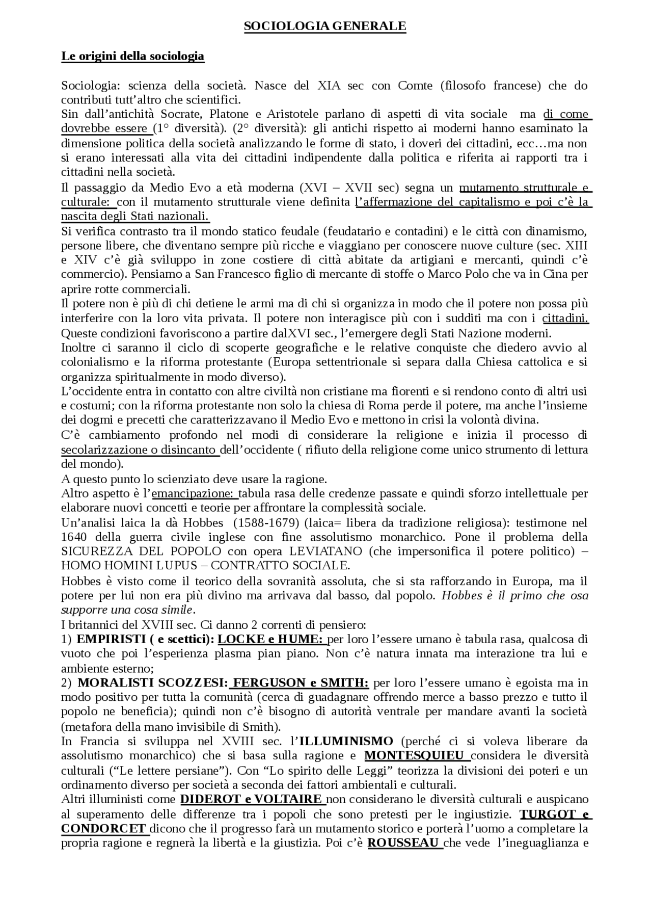 Riassunto Di Sociologia Generale Le Origini Docsity