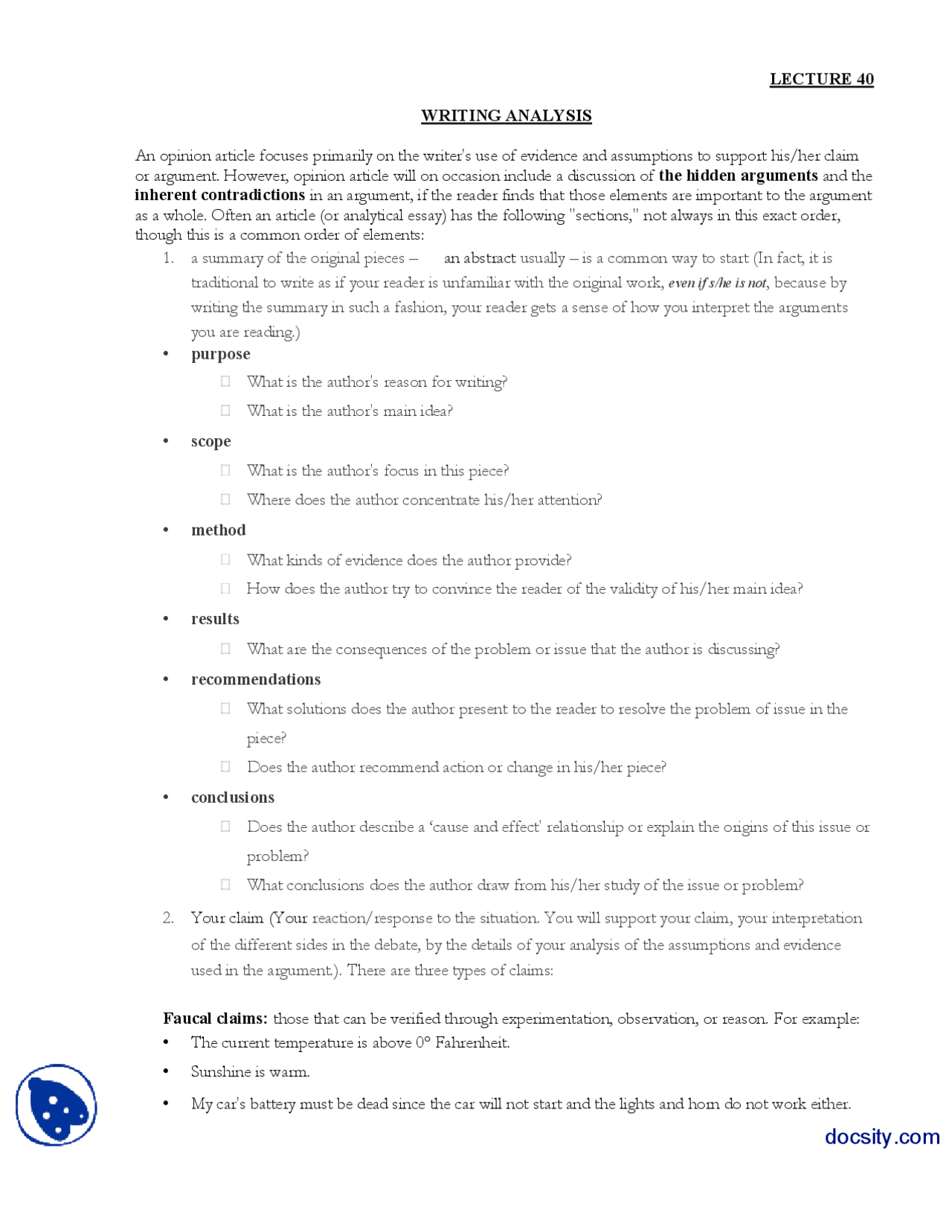 Writing Analysis Journalistic Writing Lecture Handout Docsity