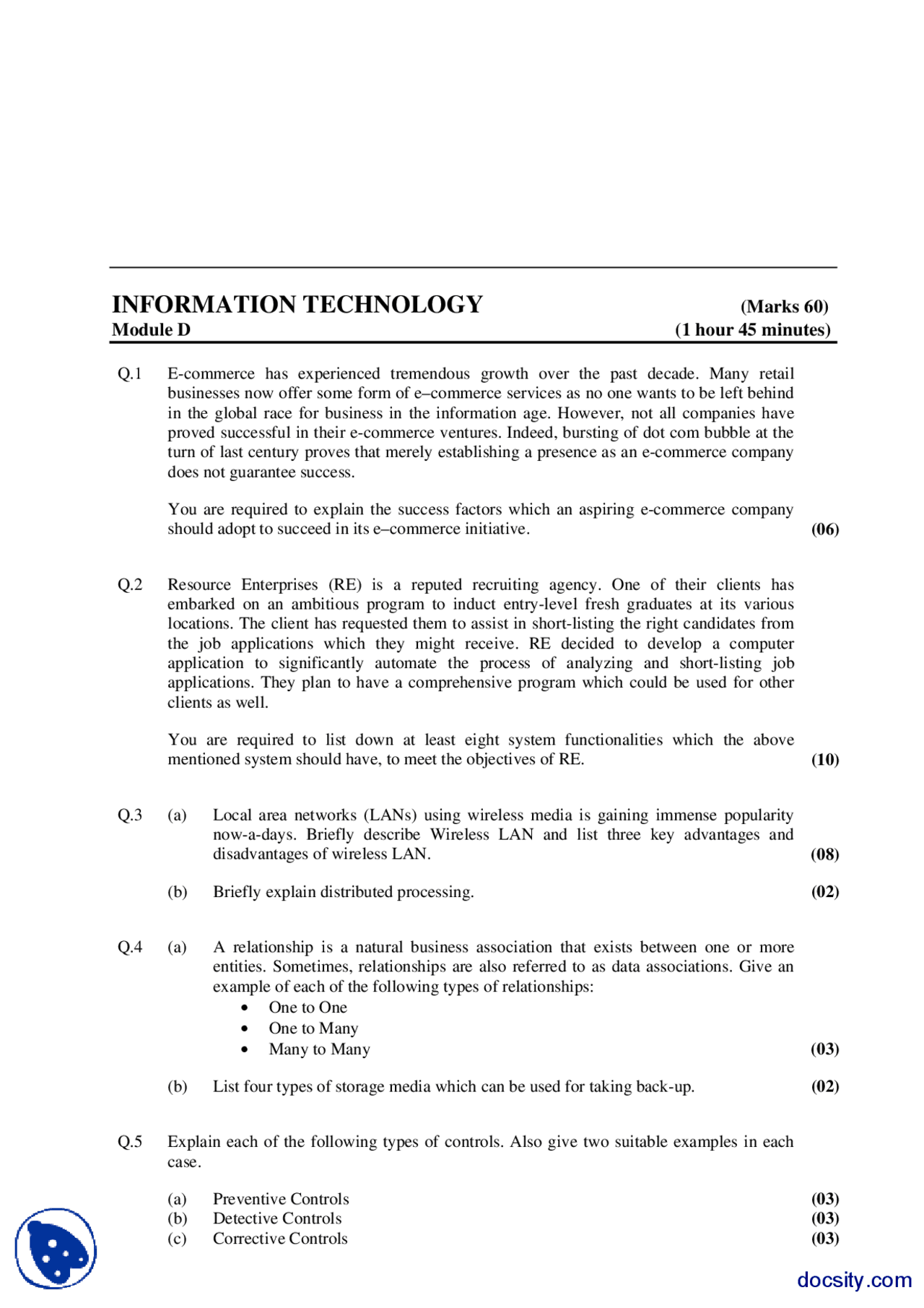 E Commerce Information Technology Exam Paper Docsity
