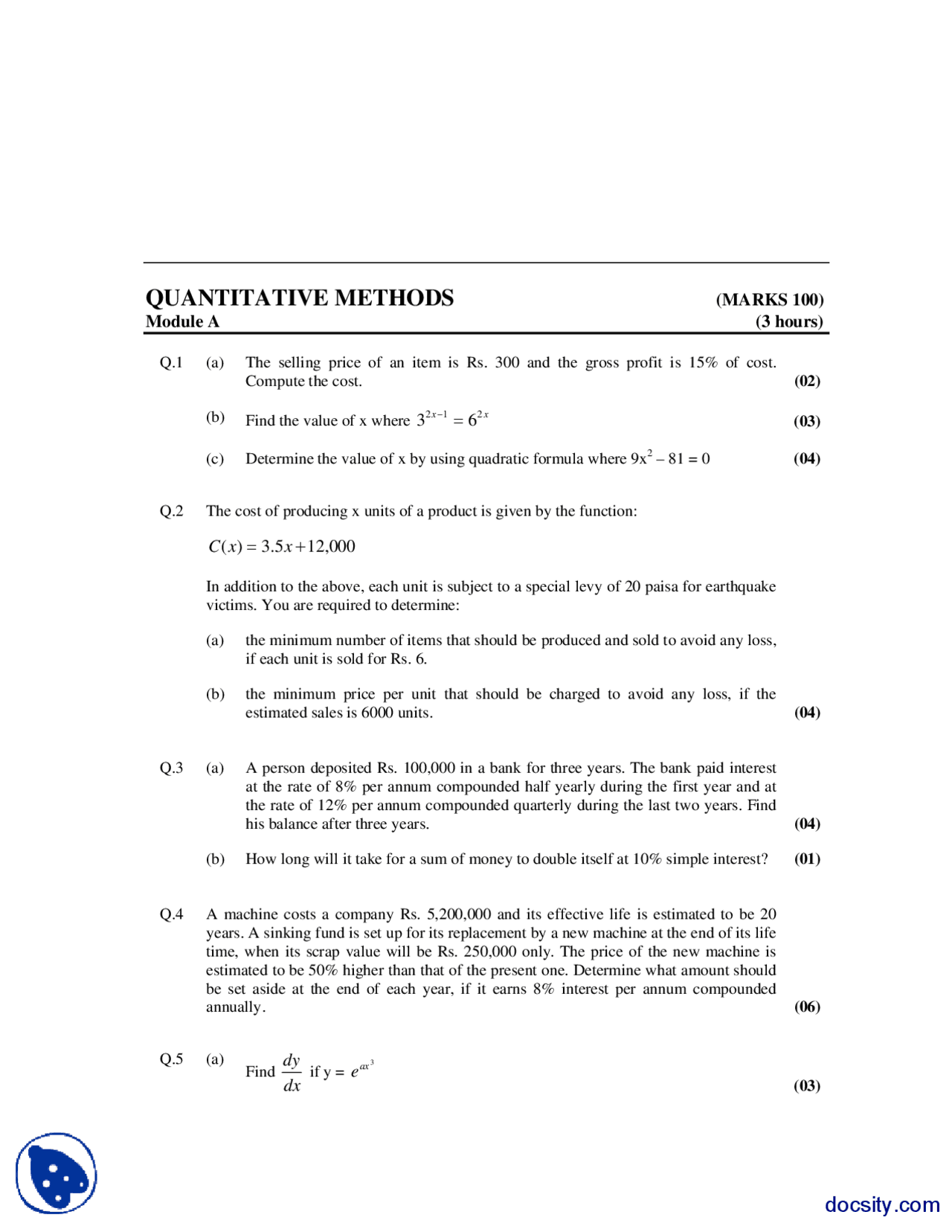 Basic Quantitative Methods Part 4 Quantitative Methods Exam Paper Docsity