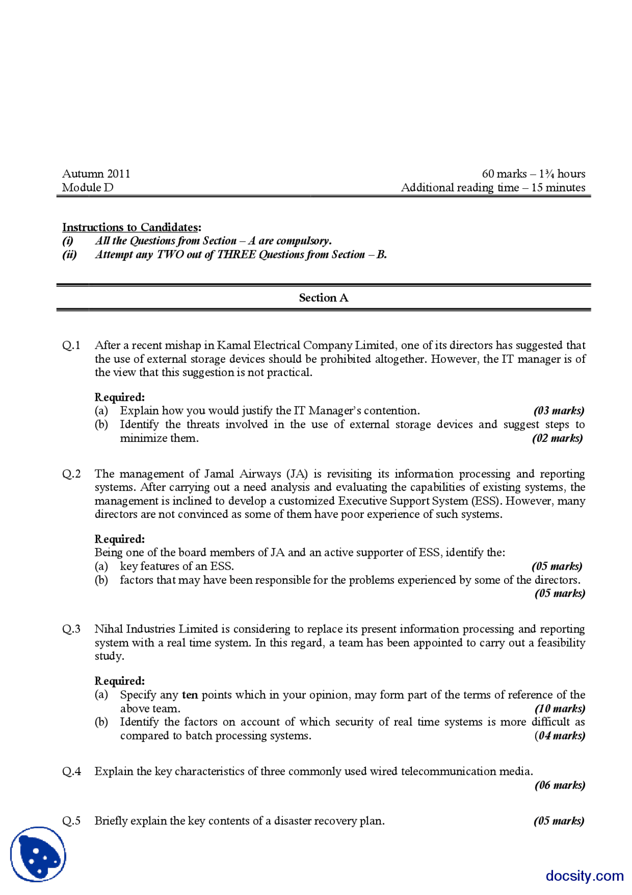 It Manager I Information Technology Exam Paper Docsity