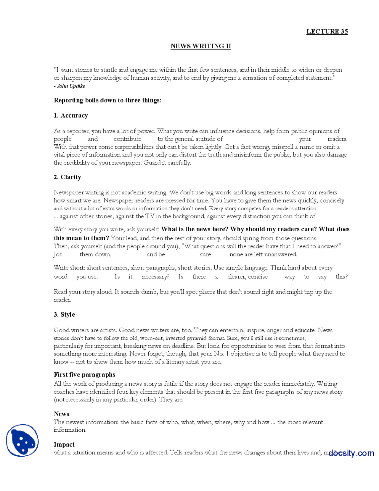 News Writing Journalistic Writing Lecture Handout Exercises