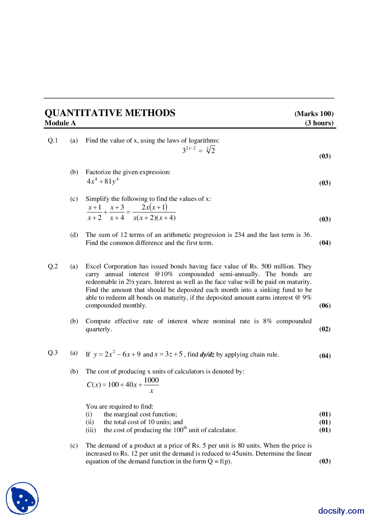 Basic Quantitative Methods Part 2 Quantitative Methods Exam Paper Docsity