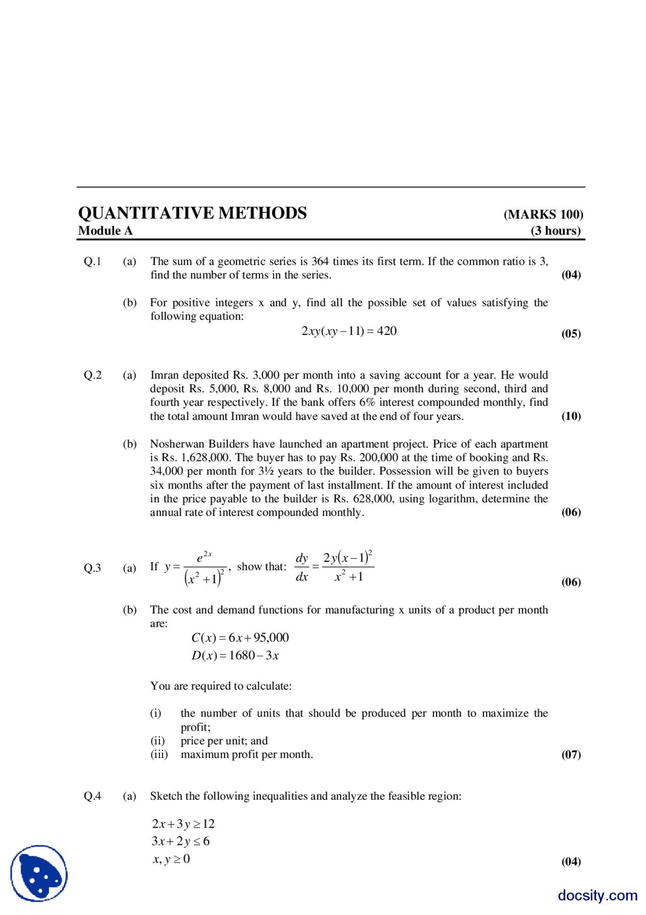 Basic Quantitative Methods Part 12 Quantitative Methods Exam Paper