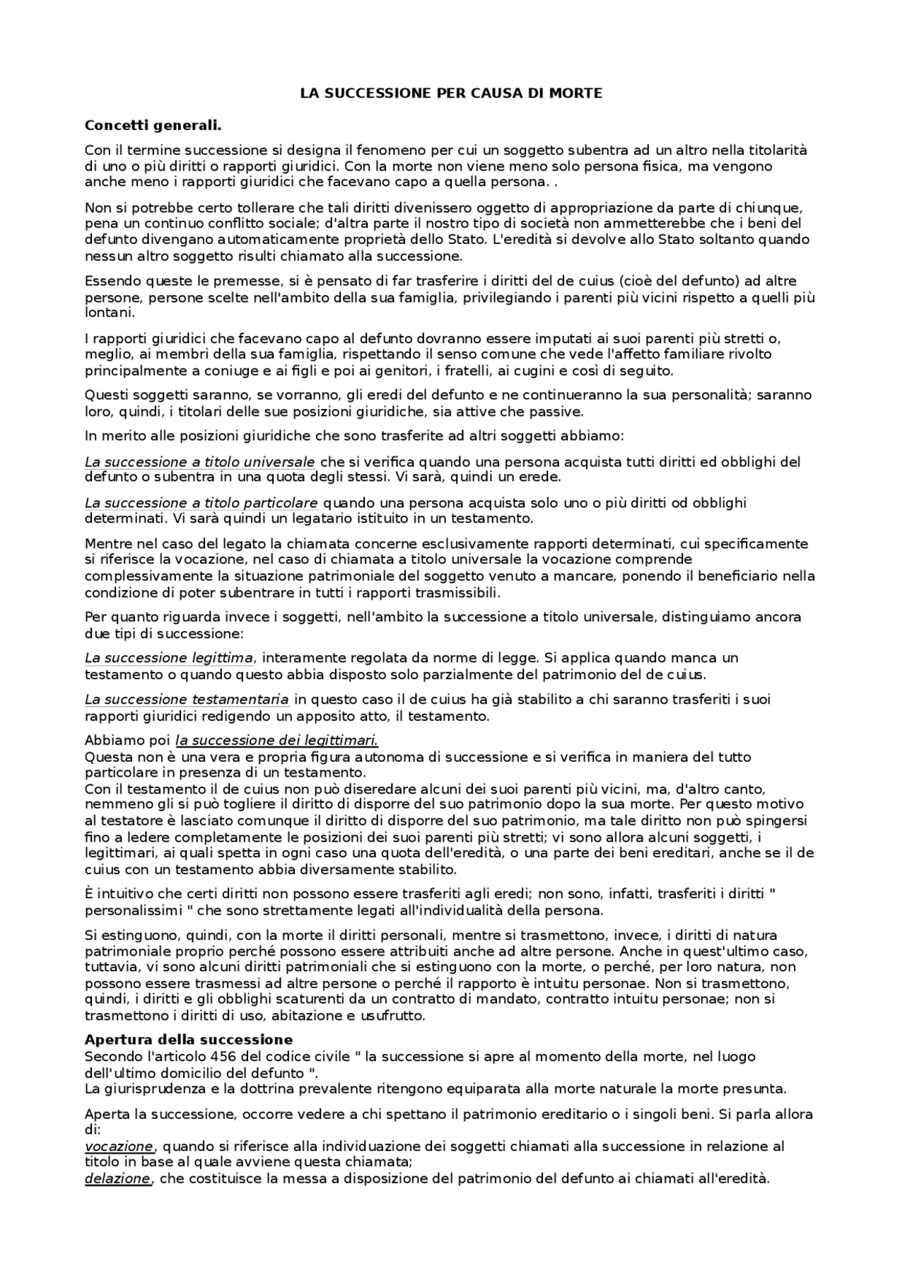 Appunti Di Diritto Privato Successione Per Causa Di Morte Docsity