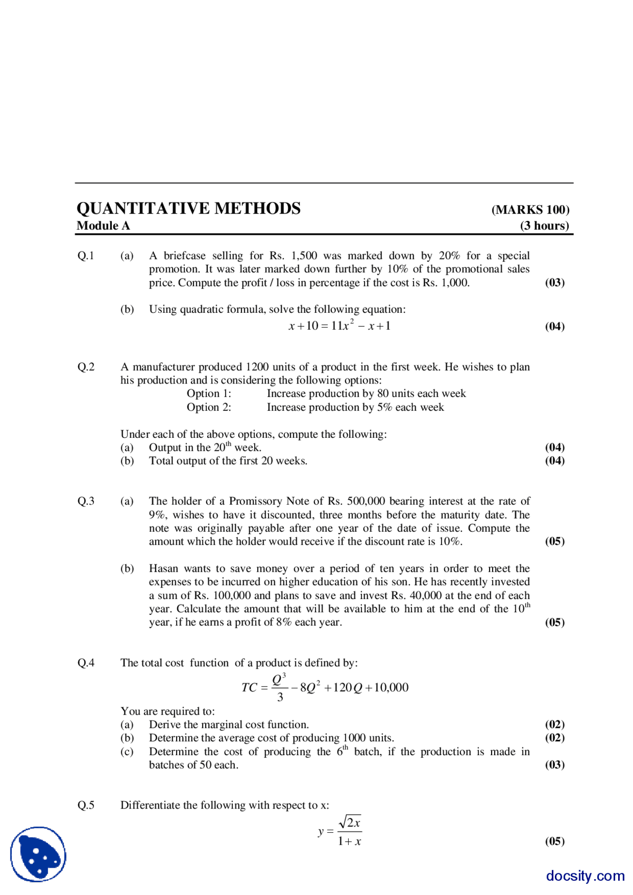 Basic Quantitative Methods Part 6 Quantitative Methods Exam Paper Docsity