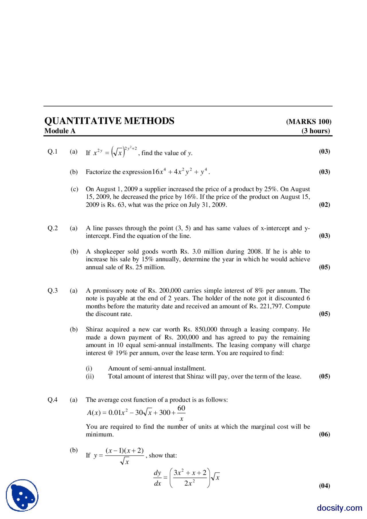 Basic Quantitative Methods Part 7-Quantitative Methods-Exam Paper - Docsity