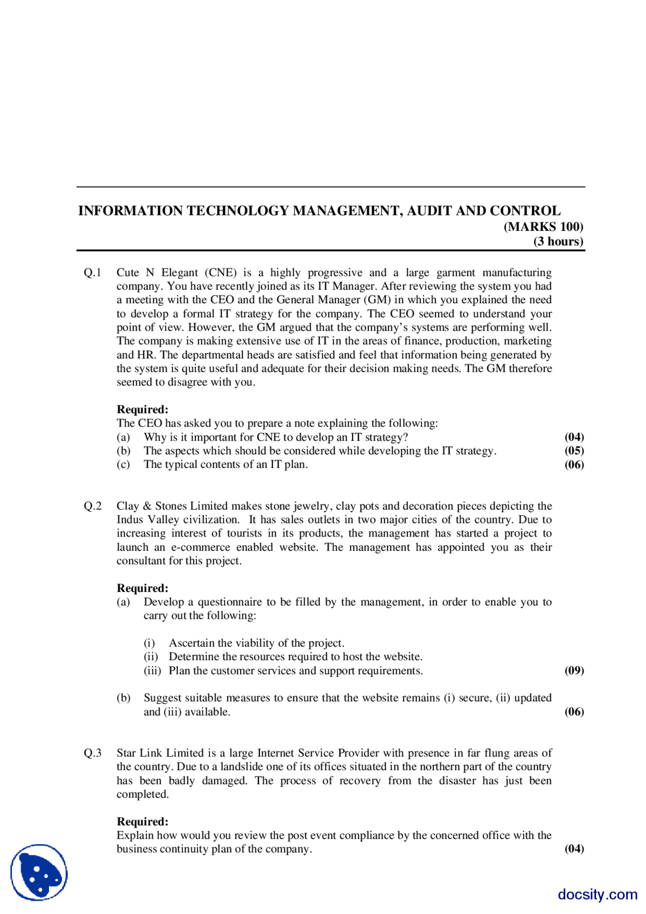It Strategy Information Technology Exam Paper Docsity