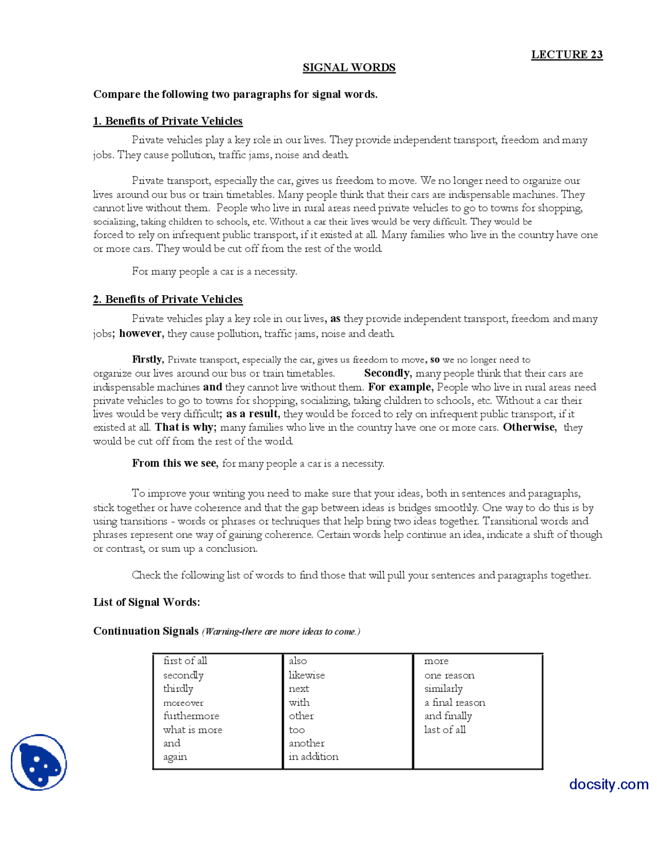 Signal Words Journalistic Writing Lecture Handout Docsity