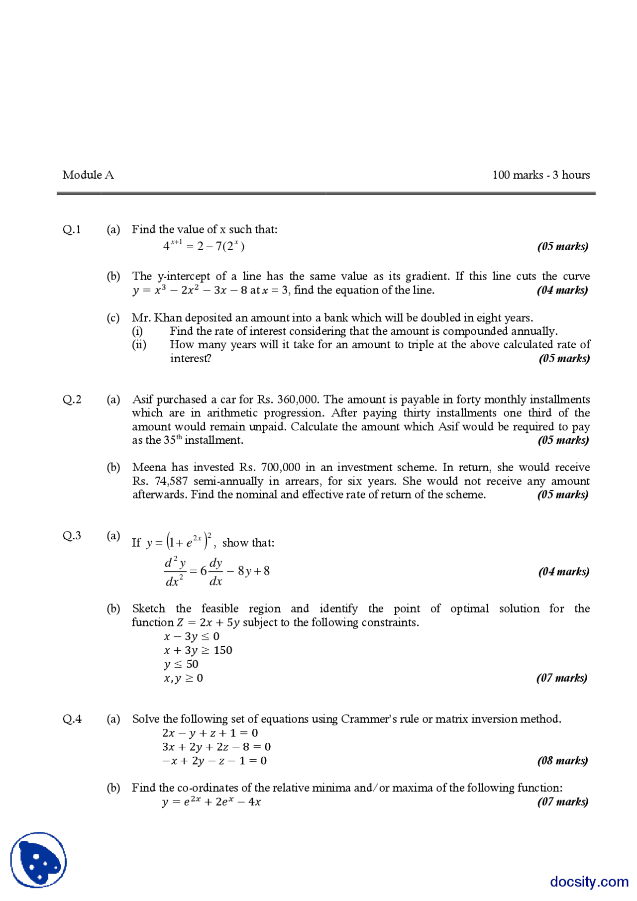 Basic Quantitative Methods Part 9 Quantitative Methods Exam Paper Docsity