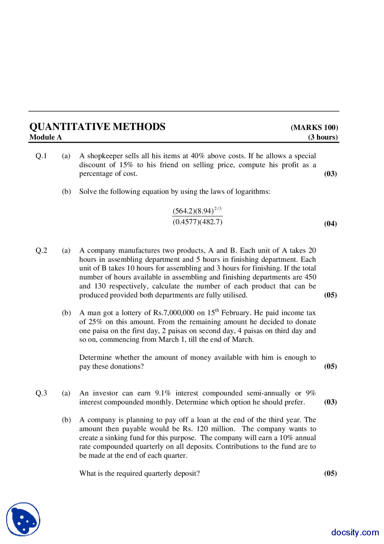 Basic Quantitative Methods Part 13-Quantitative Methods-Exam Paper | Exams Quantitative ...