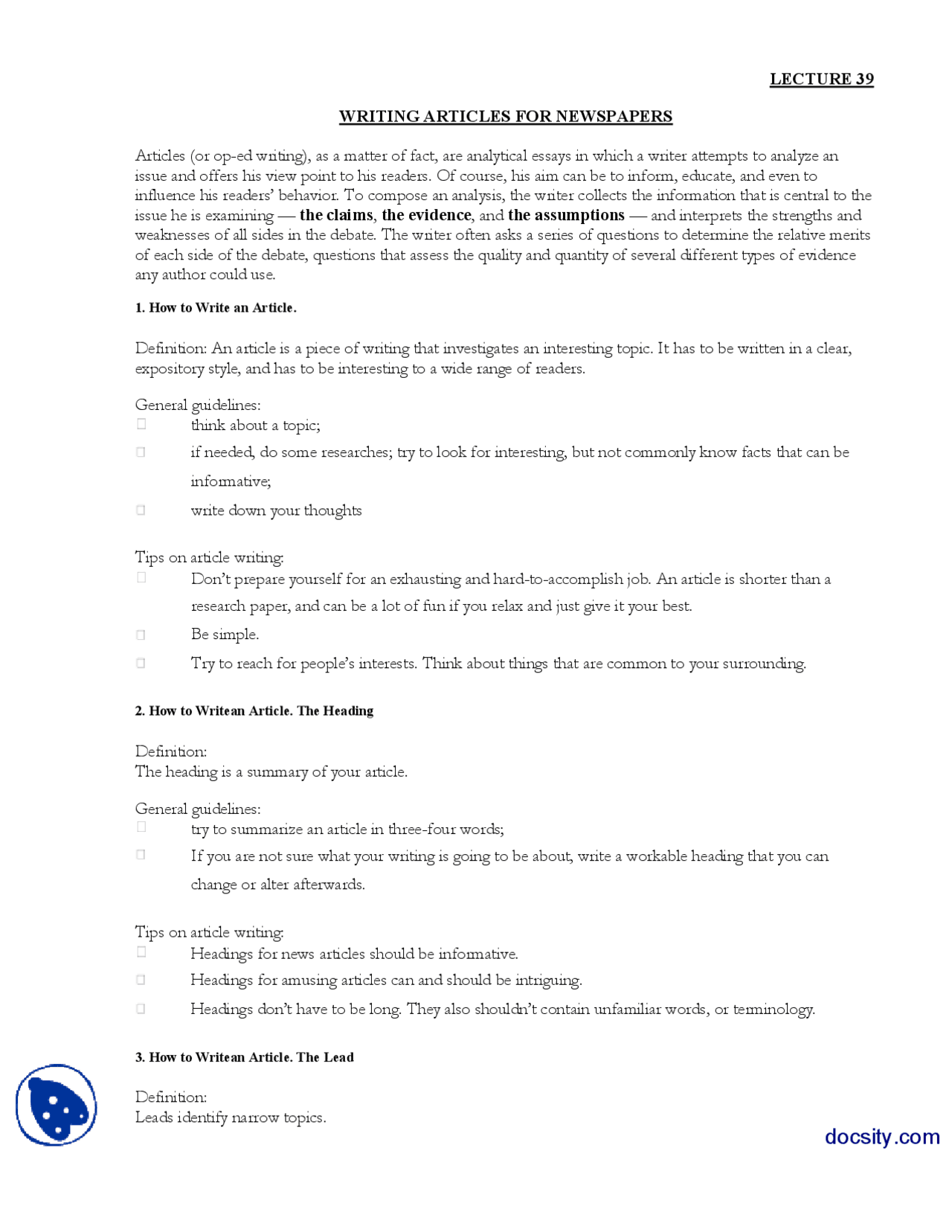 Article Writing Journalistic Writing Lecture Handout Docsity