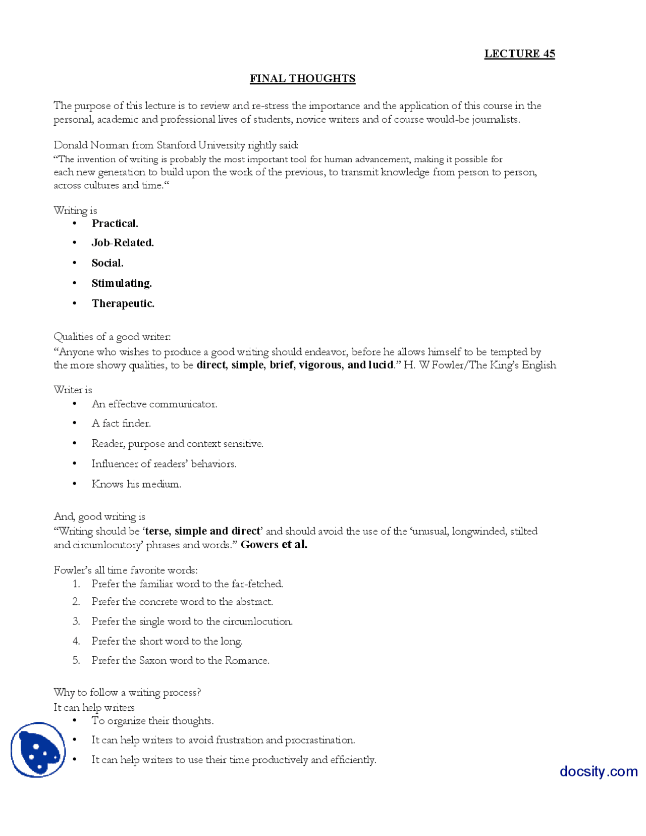 Final Thoughts Journalistic Writing Lecture Handout Docsity
