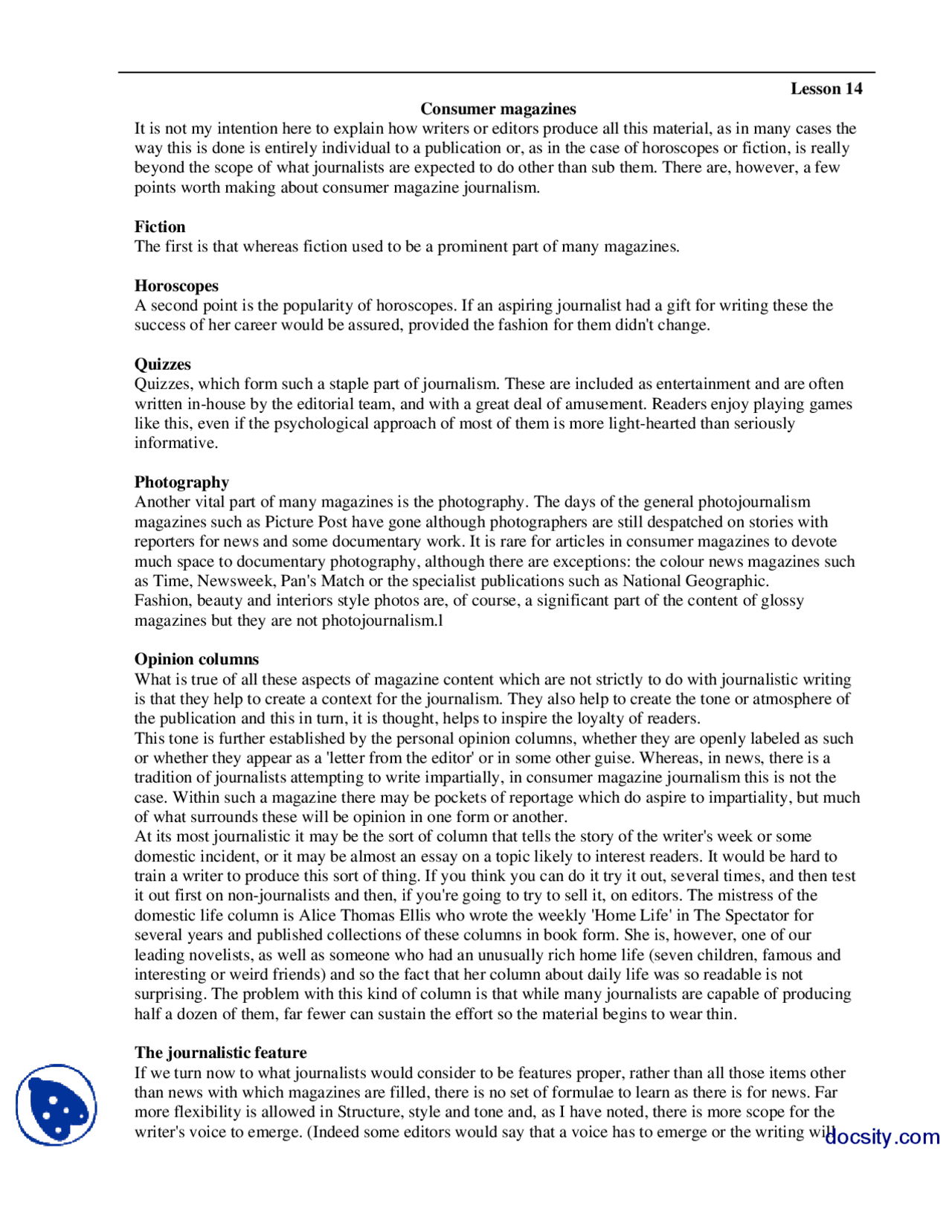 Consumer Magazines-Magzine Journalism-Lecture Handout - Docsity