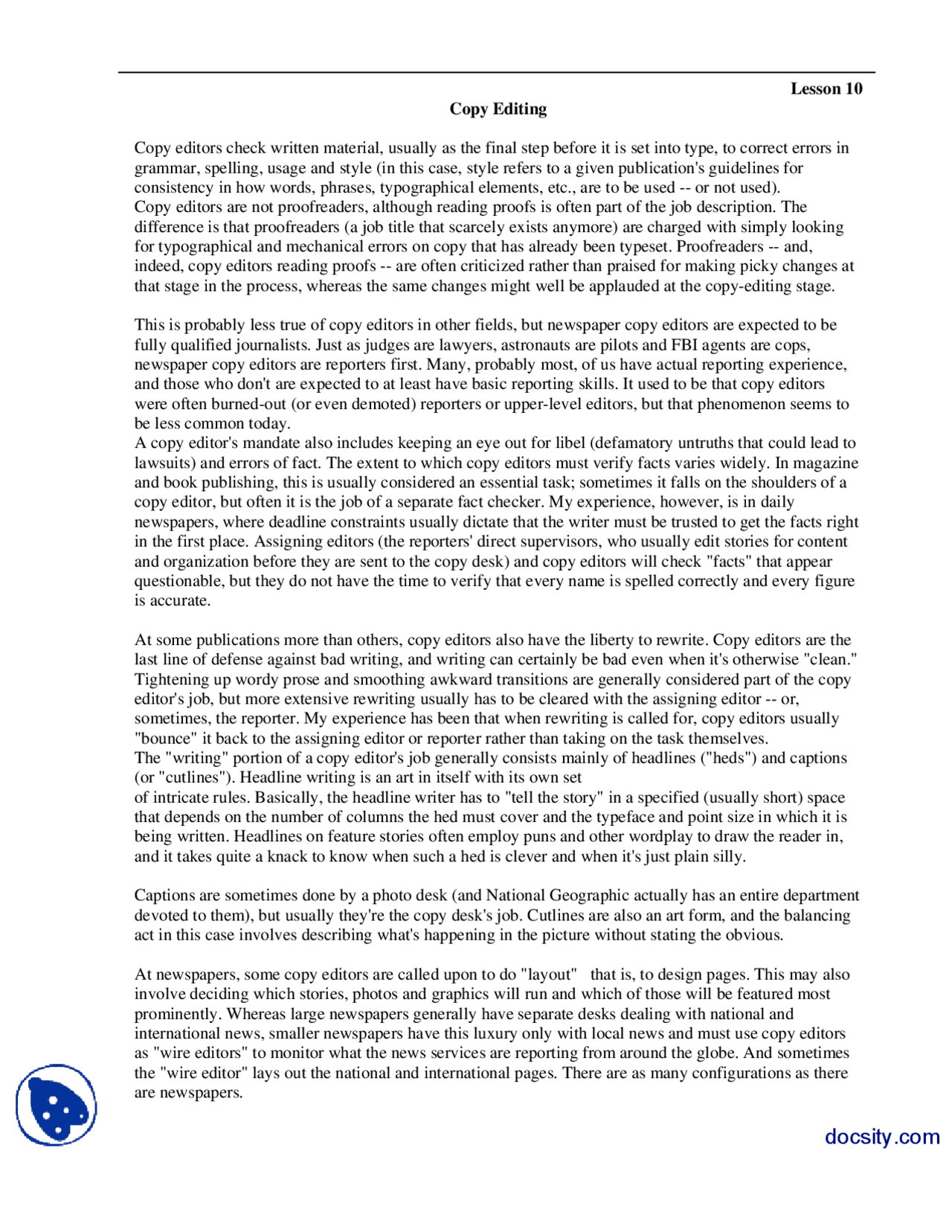 Copy Editing Magzine Journalism Lecture Handout Docsity