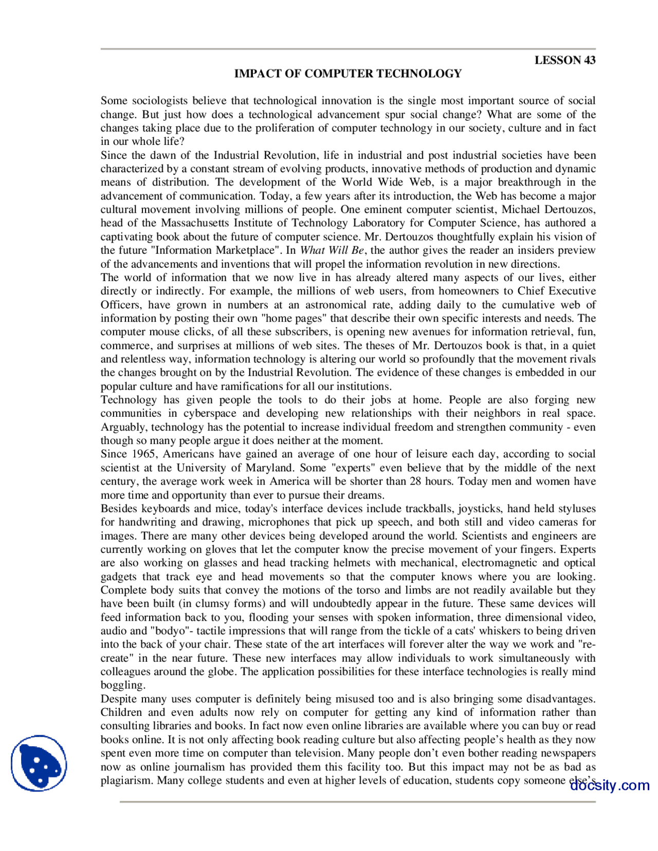 Impact Of Computer Technology Mass Media Lecture Handout Docsity