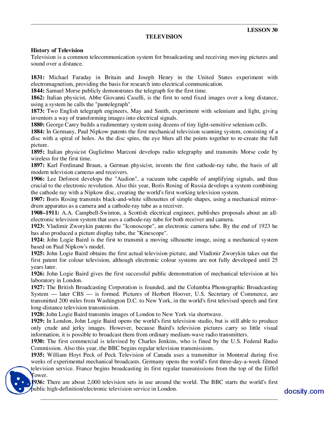 Television Mass Media Lecture Handout Docsity