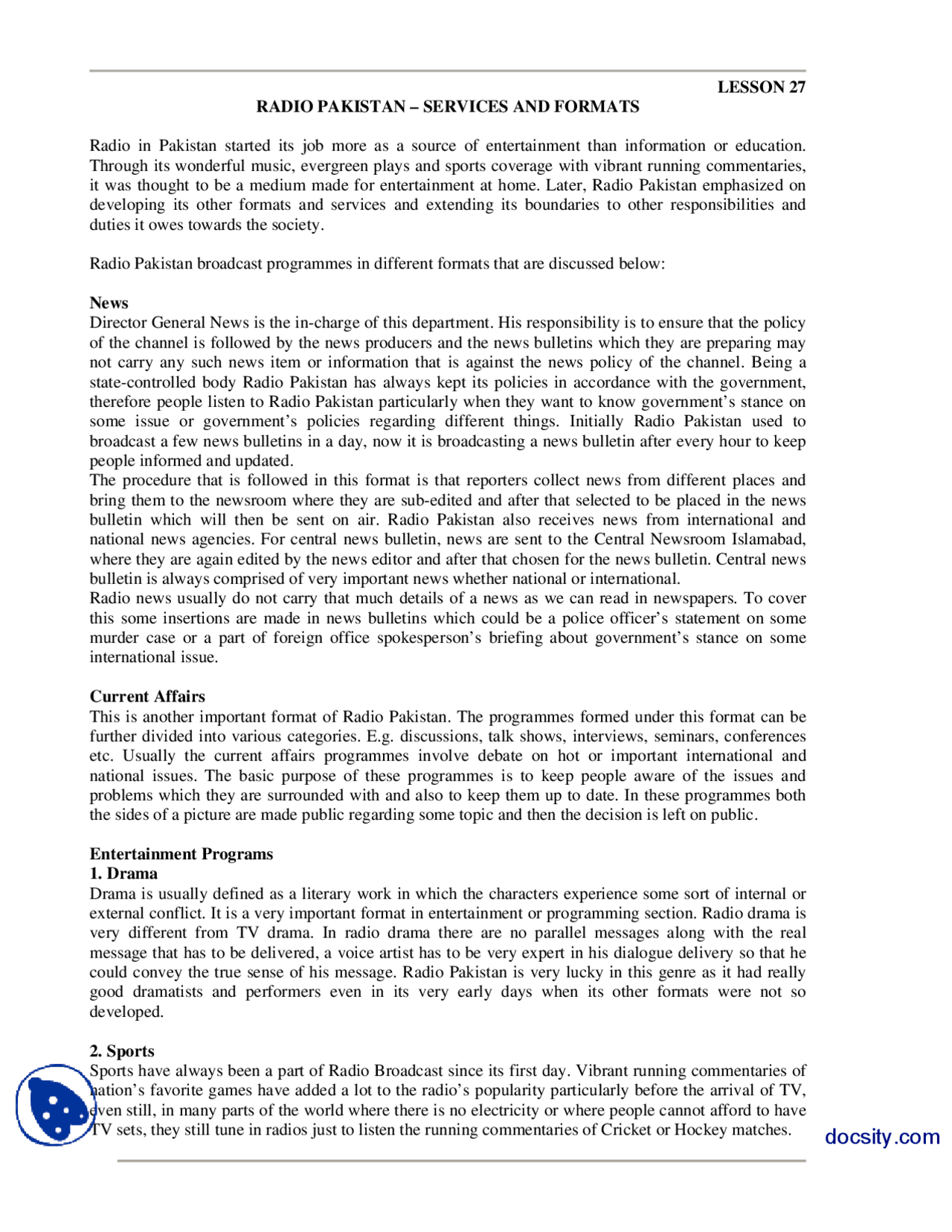 Radio Pakistan Services And Formats Mass Media Lecture Handout Docsity