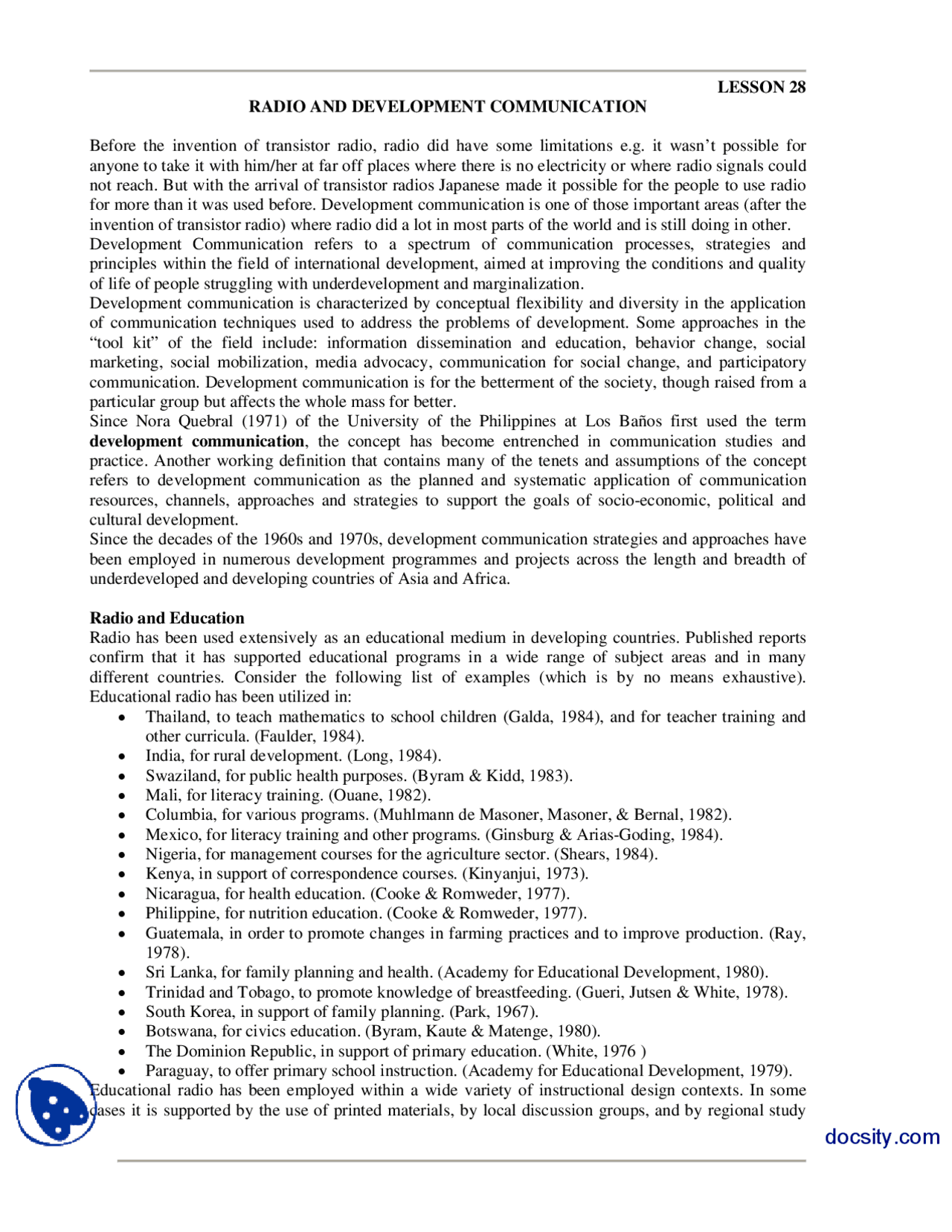 Radio And Development Communication Mass Media Lecture Handout Docsity