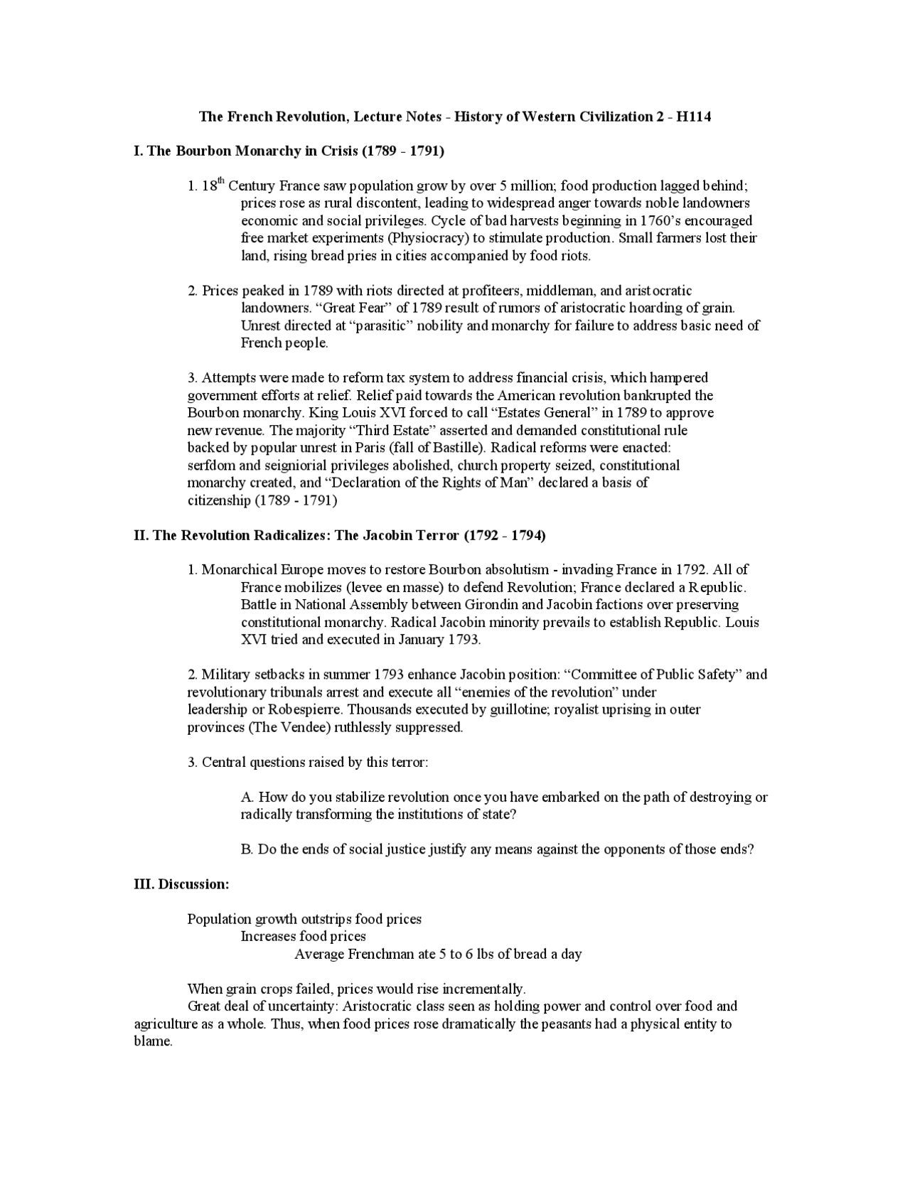 The French Revolution, Lecture Notes - History of Western Civilization ...