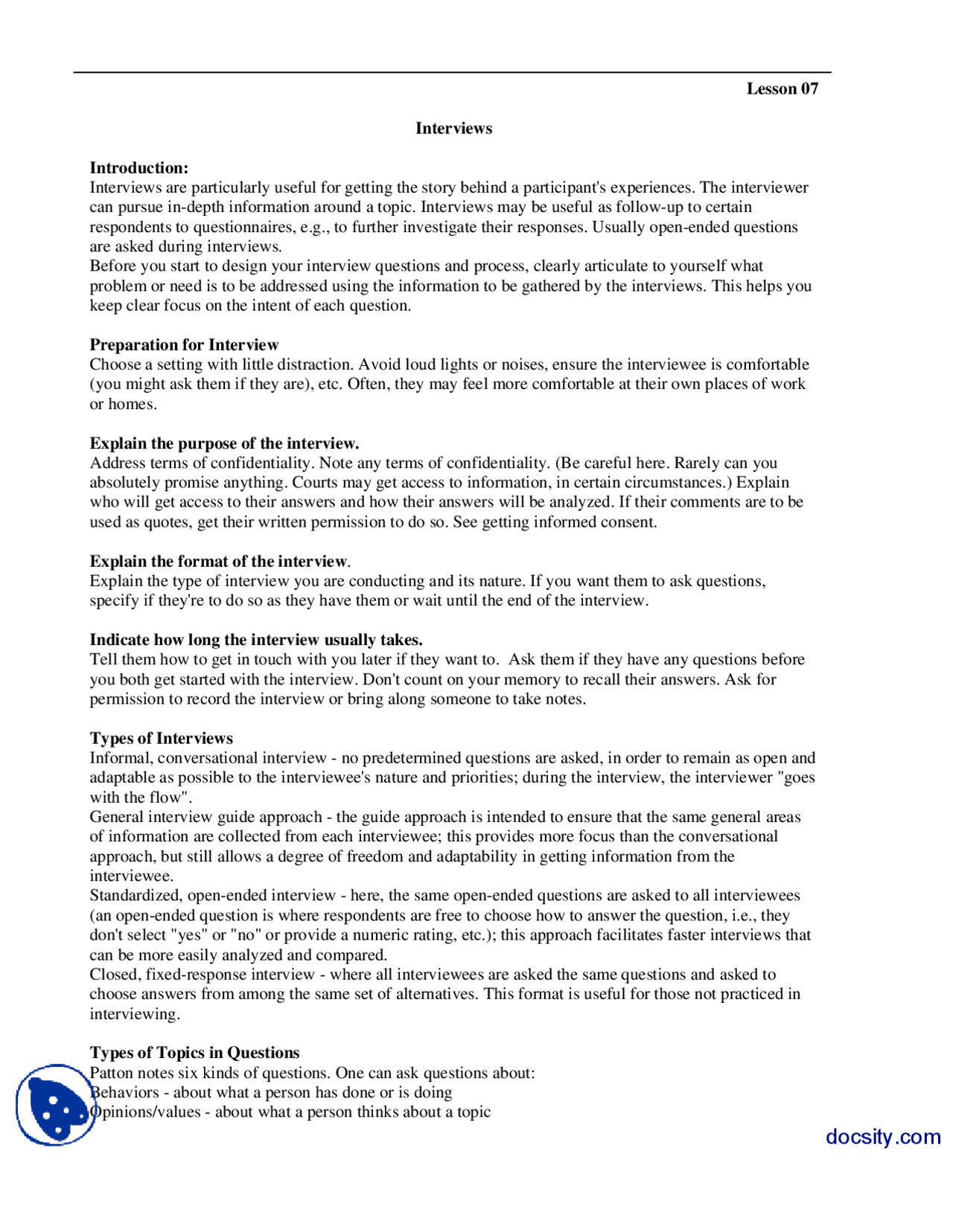 Interviews Magzine Journalism Lecture Handout Docsity