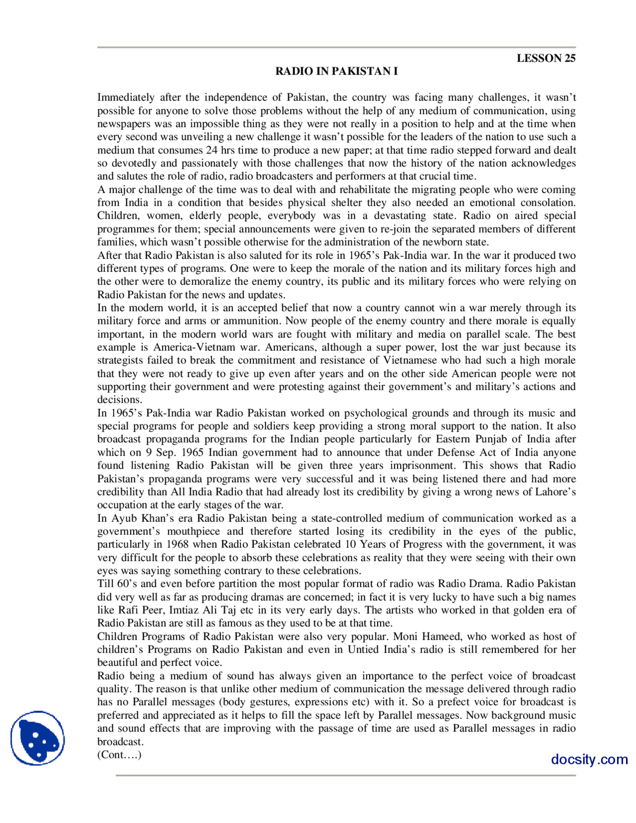 Radio In Pakistan I Mass Media Lecture Handout Docsity