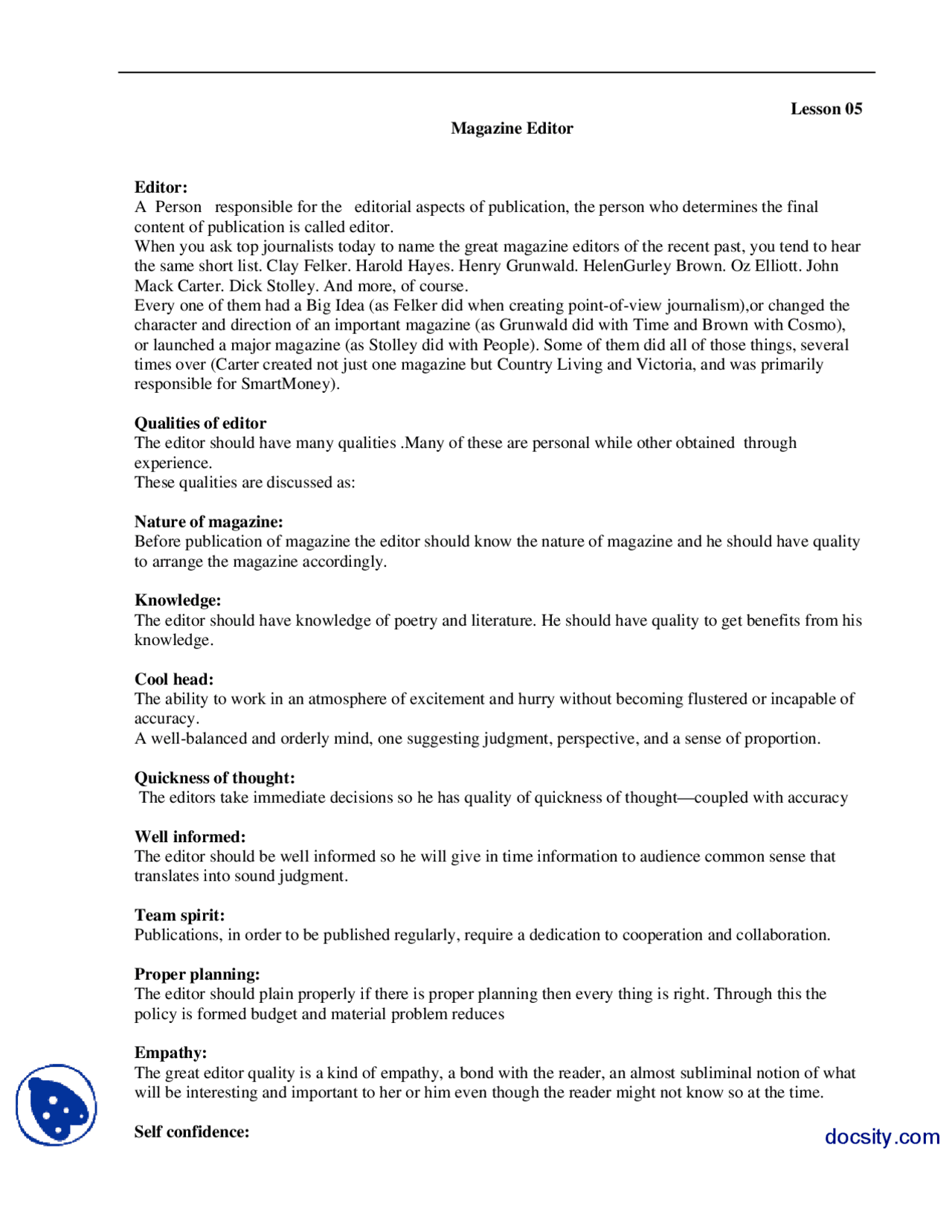 Magazine Editor-Magzine Journalism-Lecture Handout - Docsity