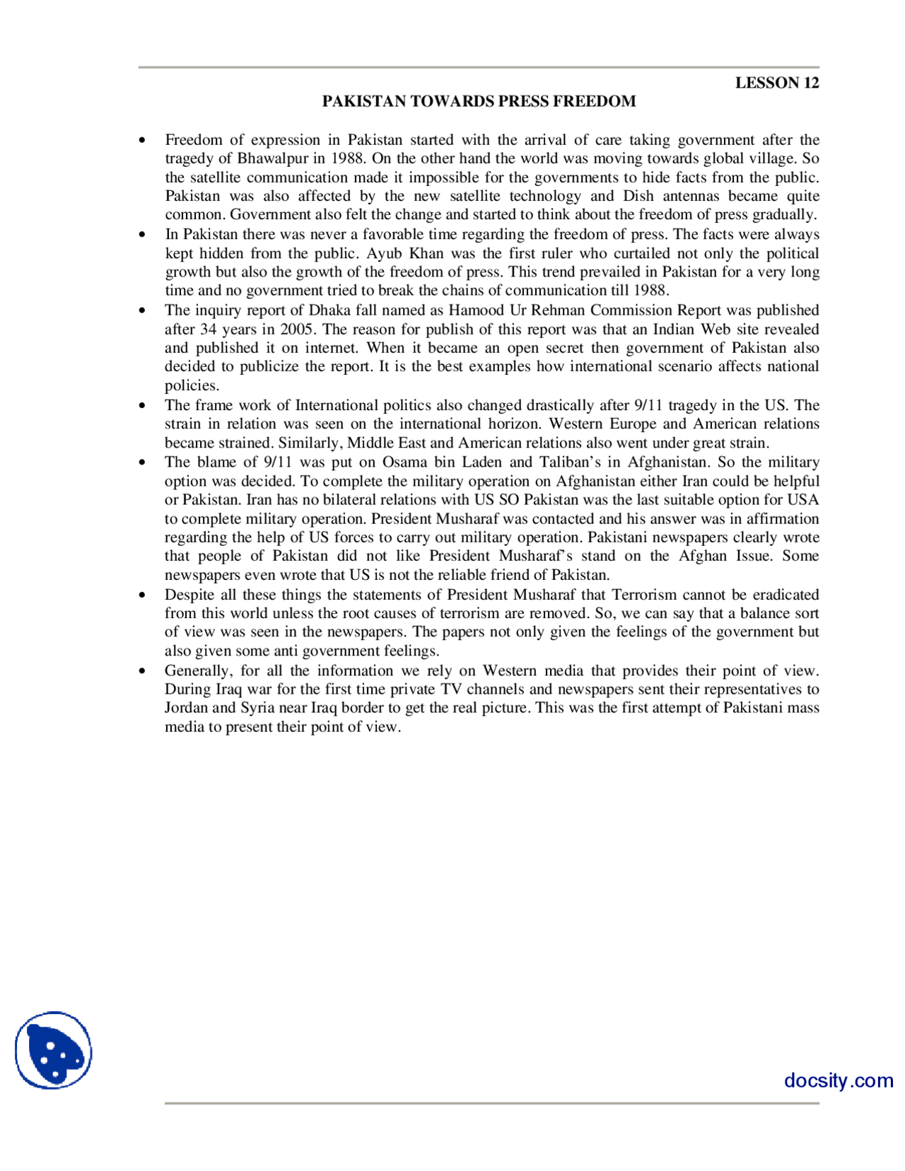 Pakistan Towards Press Freedom-Mass Media-Lecture Handout - Docsity