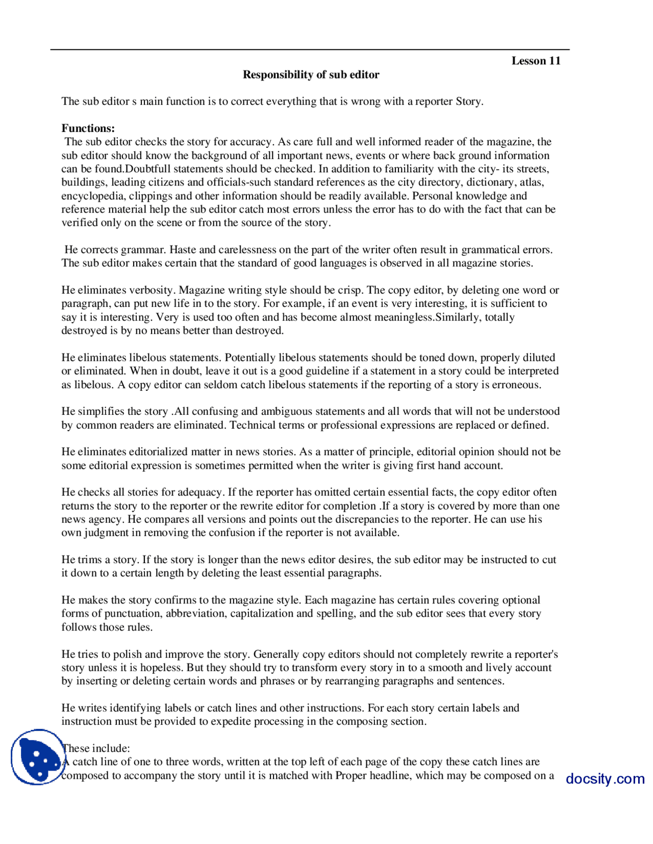 Responsibility Of Sub Editor Magzine Journalism Lecture Handout Docsity
