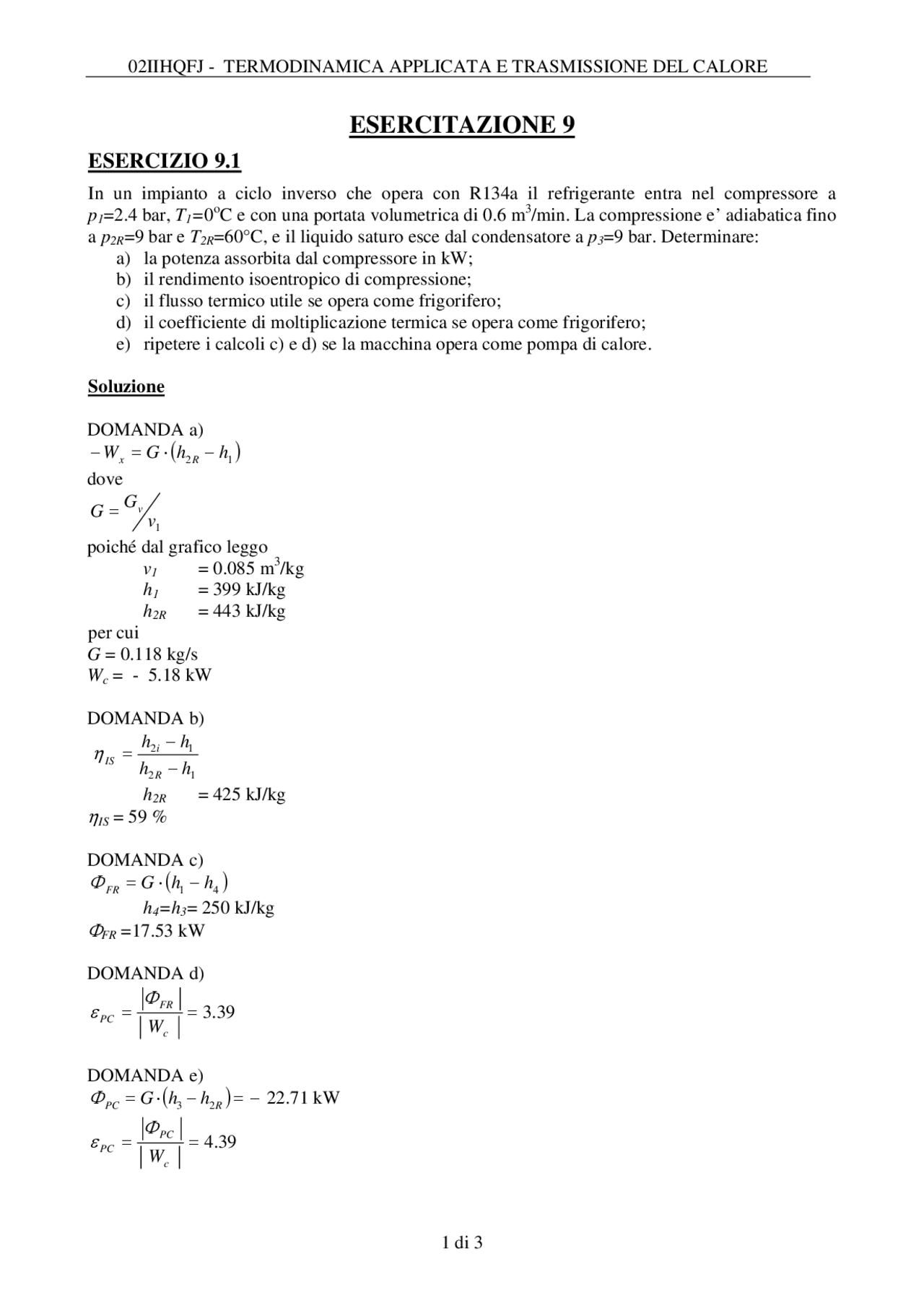 Es09 soluzioni | Esercizi di Termodinamica Applicata - Docsity