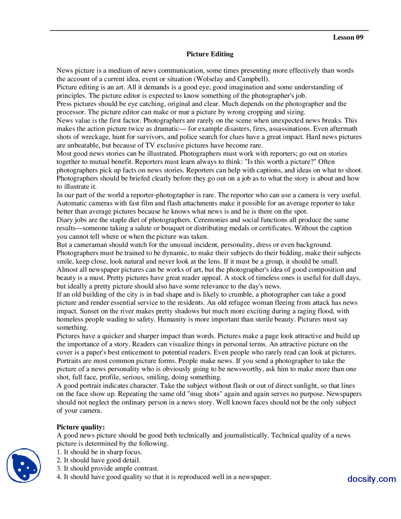 Picture Editing Magzine Journalism Lecture Handout Docsity
