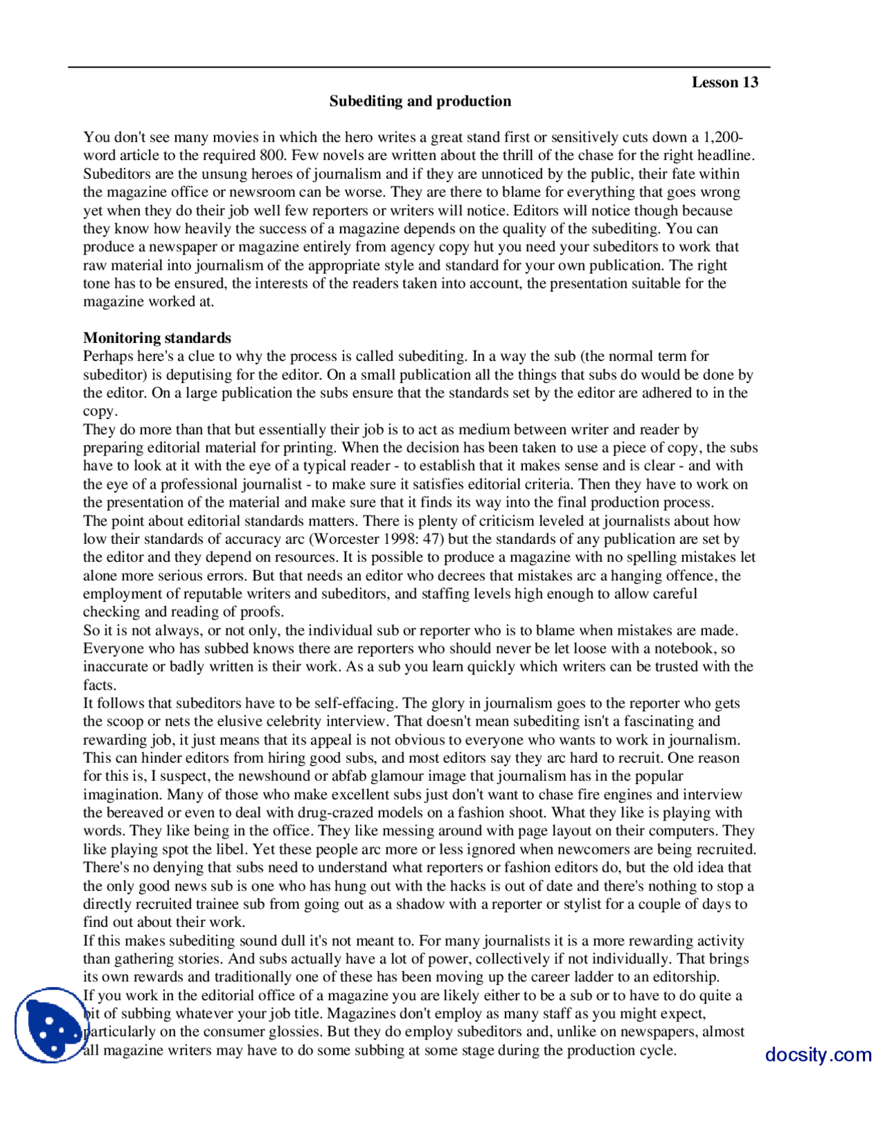 Subediting And Production Magzine Journalism Lecture Handout