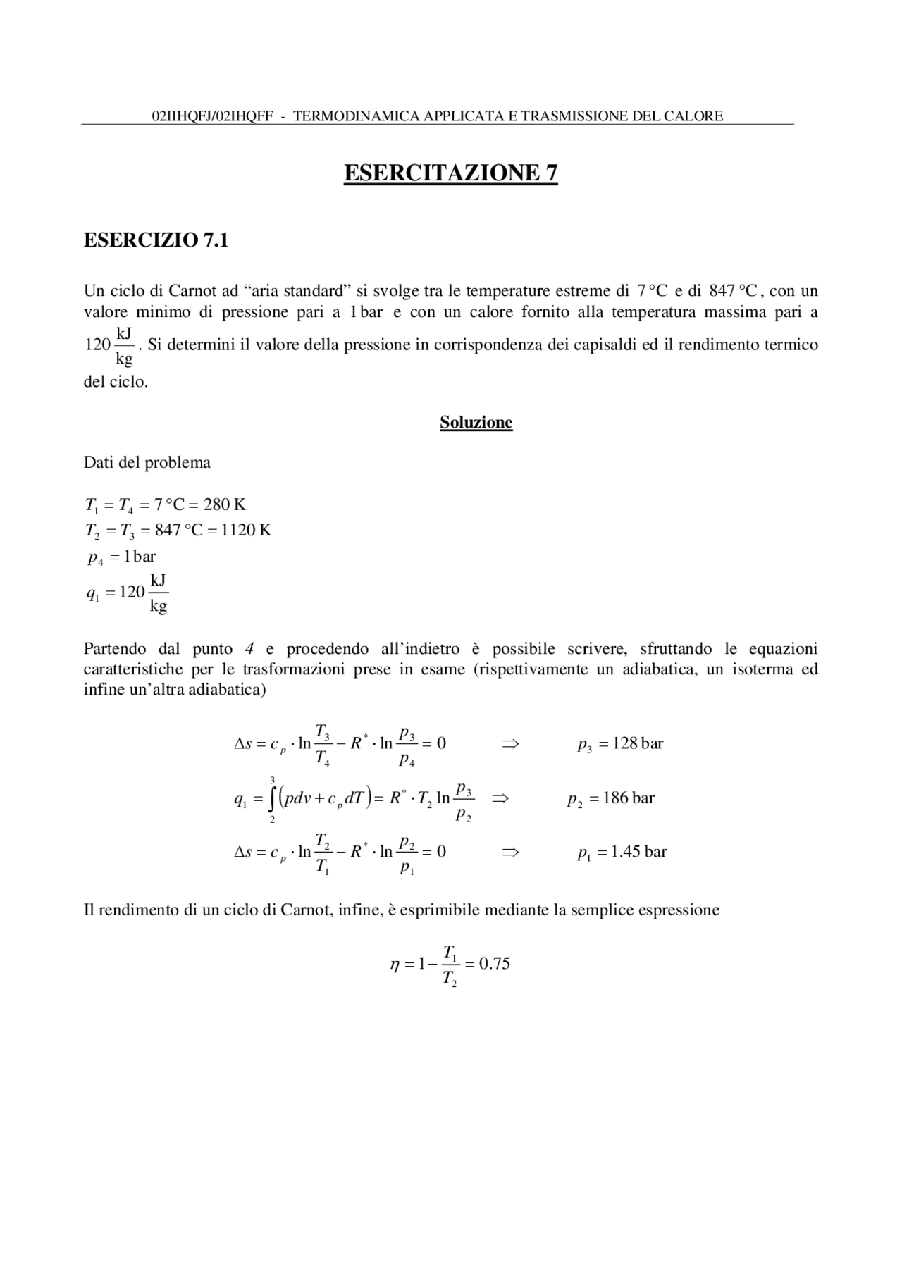 Es07 soluzioni | Esercizi di Termodinamica Applicata - Docsity