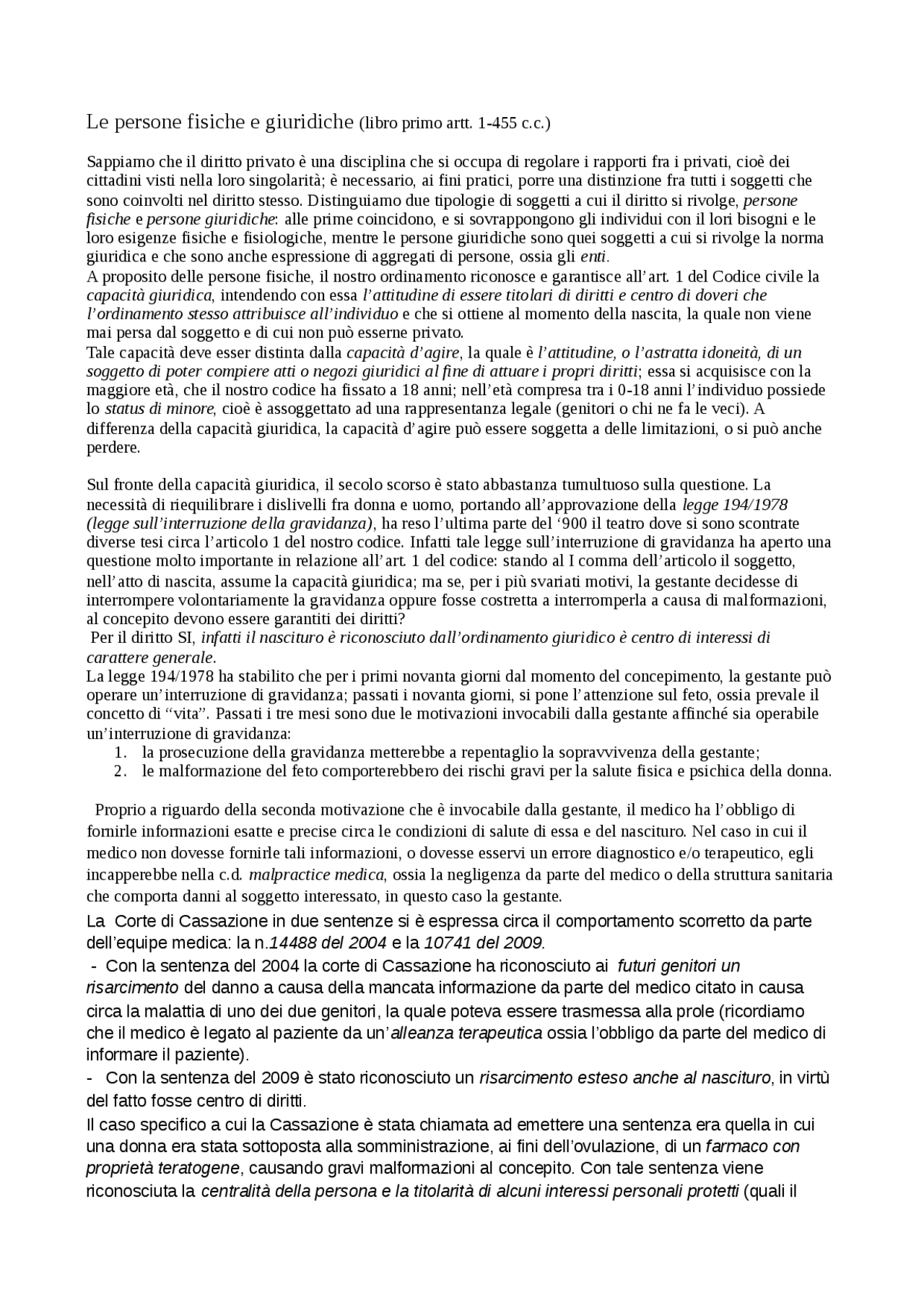 Le Persone Fisiche E Giuridiche Appunti Di Diritto Privato Docsity