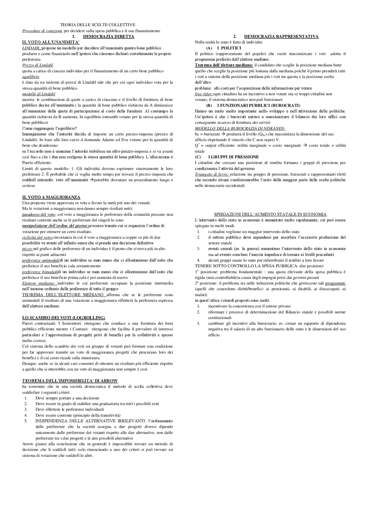 TEORIA DELLE SCELTE COLLETTIVE - schema di Scienza Delle Finanze ...