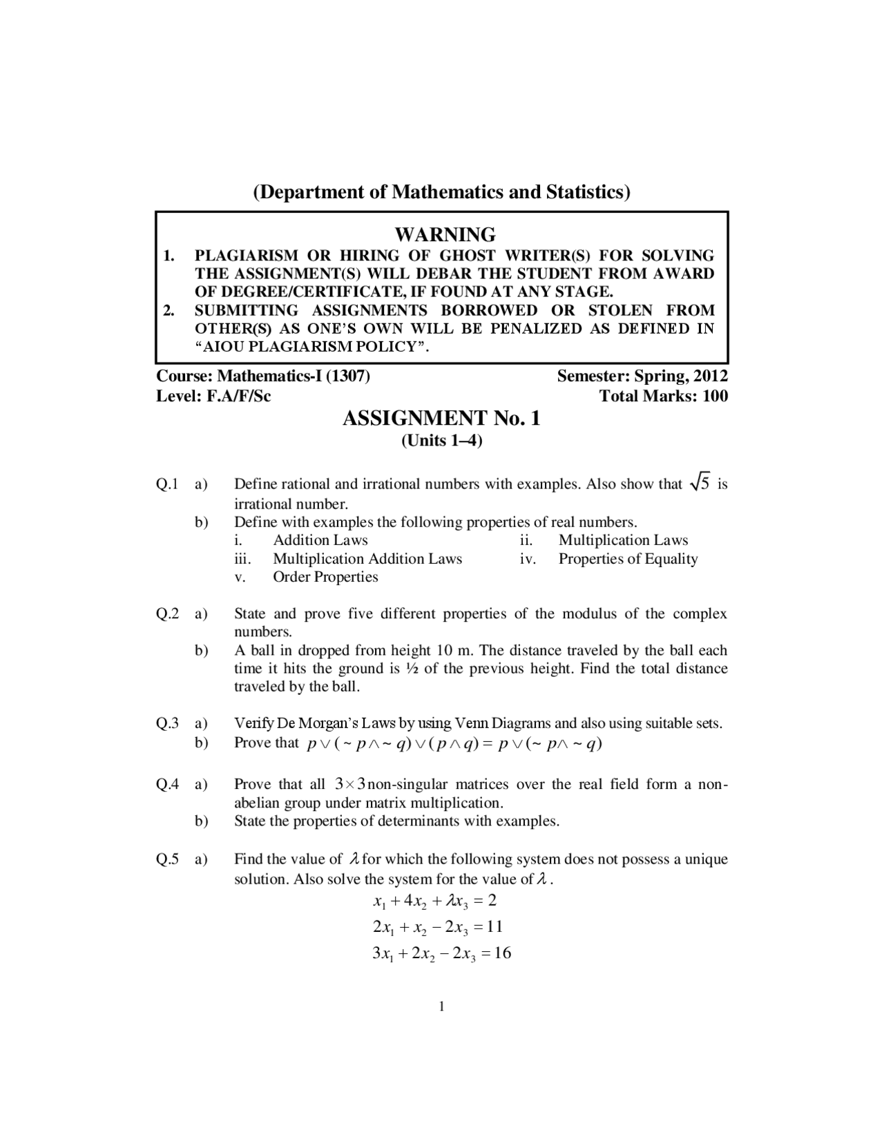 Complex Numbers, Multiplication Laws-Mathematics-Assignment | Exercises Statistics | Docsity