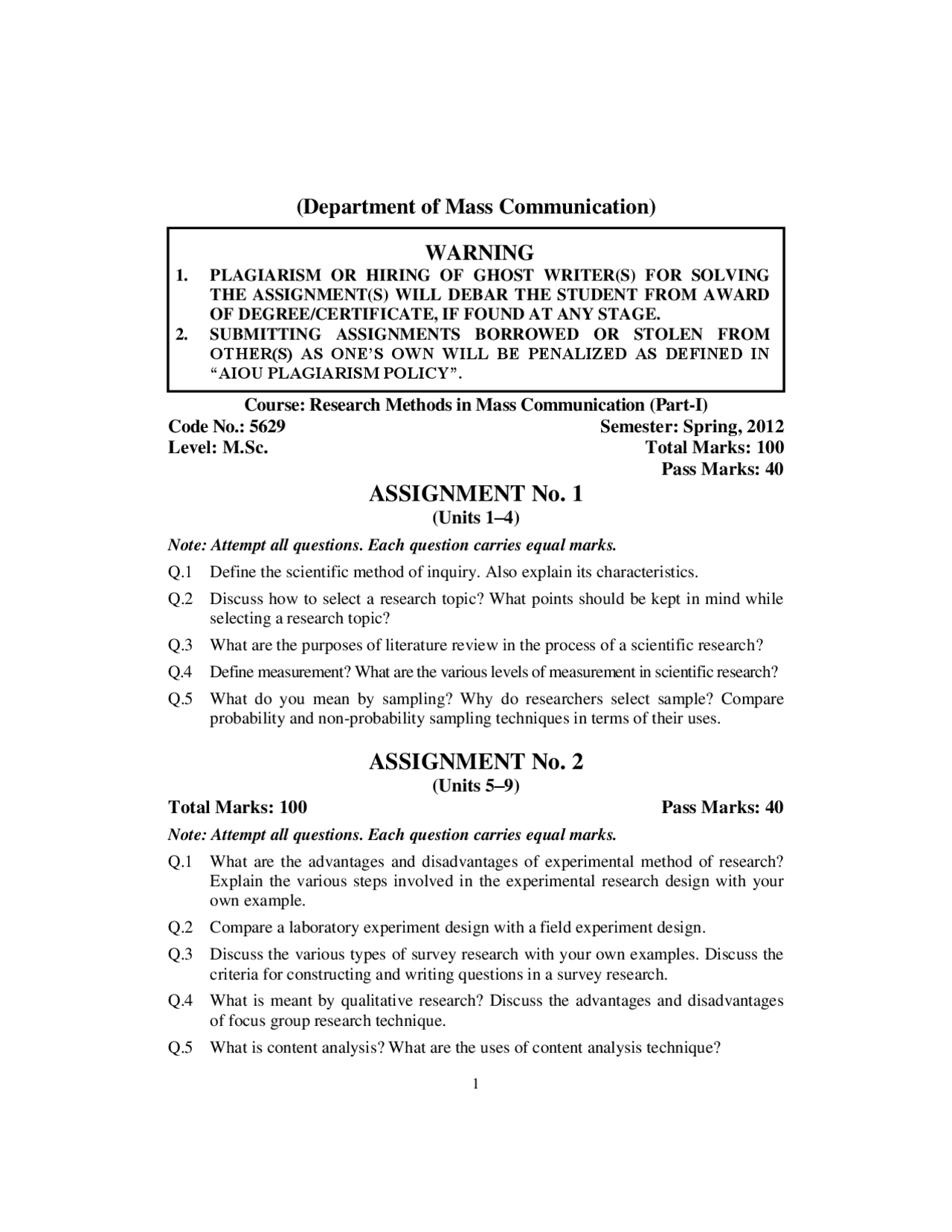 Non Probability Sampling Techniques-Research Methods in Mass Communication-Assignment - Docsity